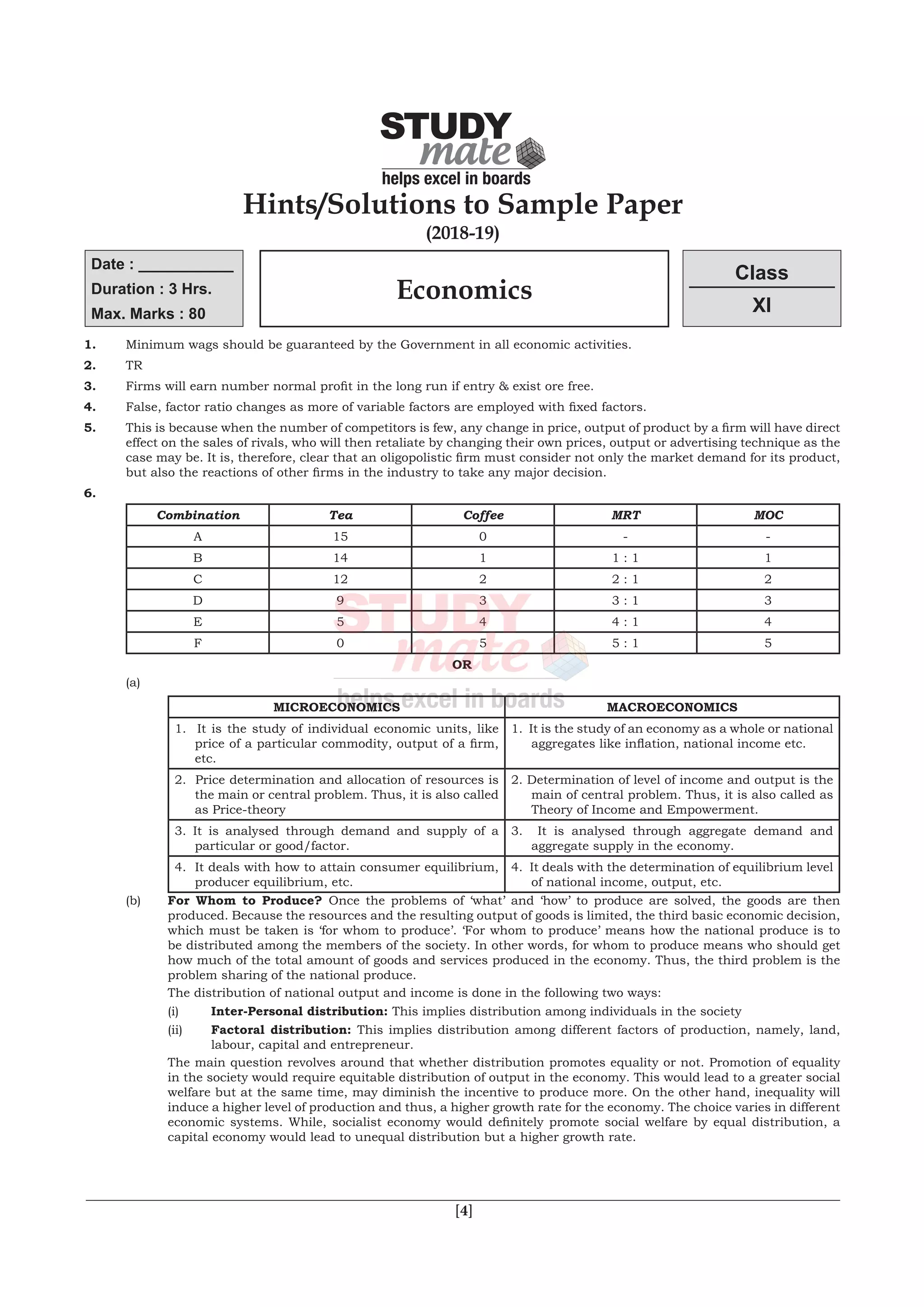 Economics Sample Paper Class 11 - Studymate | PDF