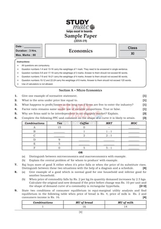 Economics Sample Paper Class 11 - Studymate | PDF