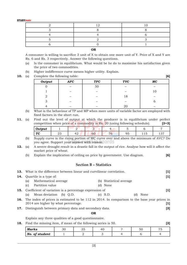 Economics Sample Paper Class 11 - Studymate | PDF