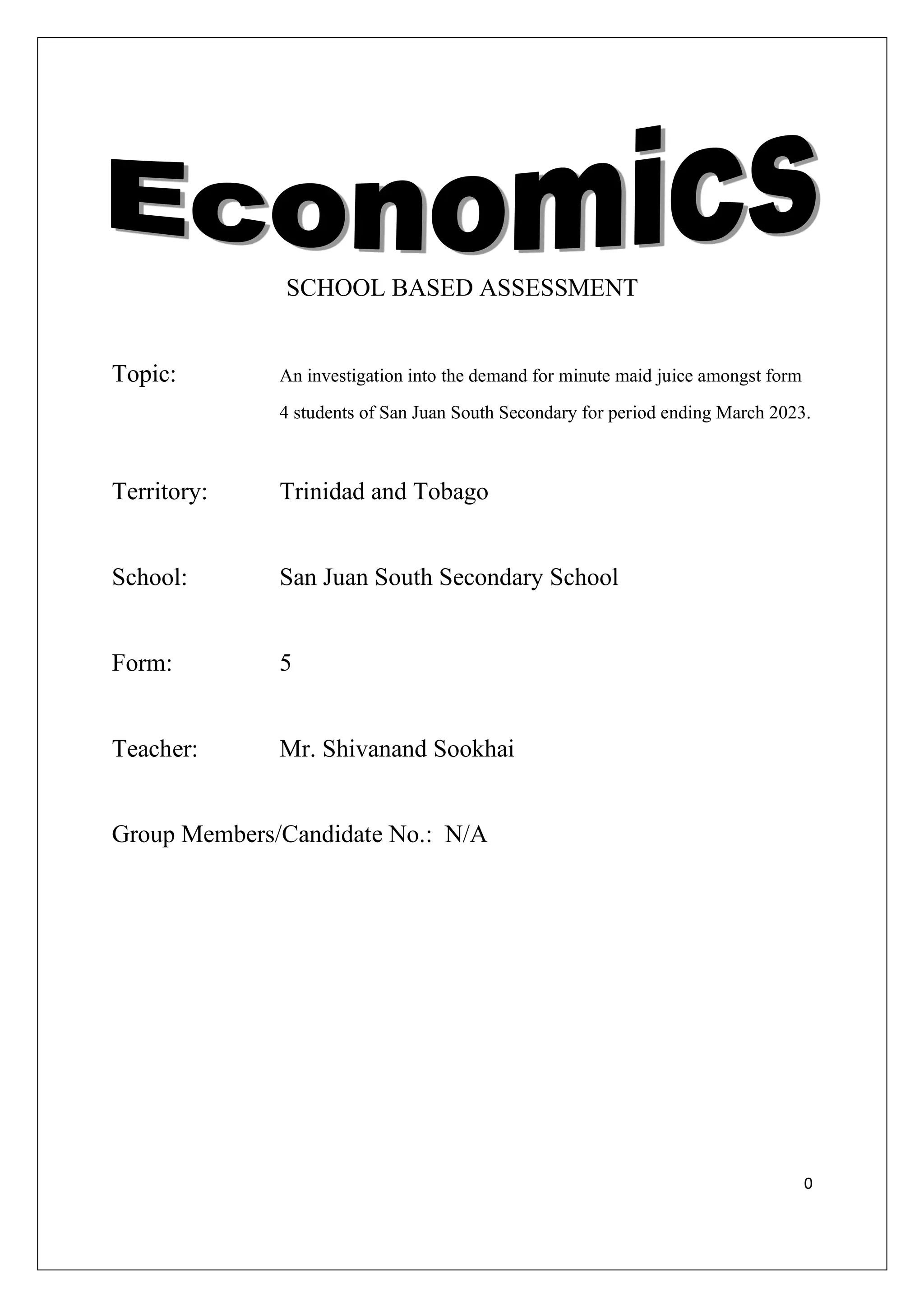 CSEC Economics SBA - Total Marks (Demand & Supply) | PDF