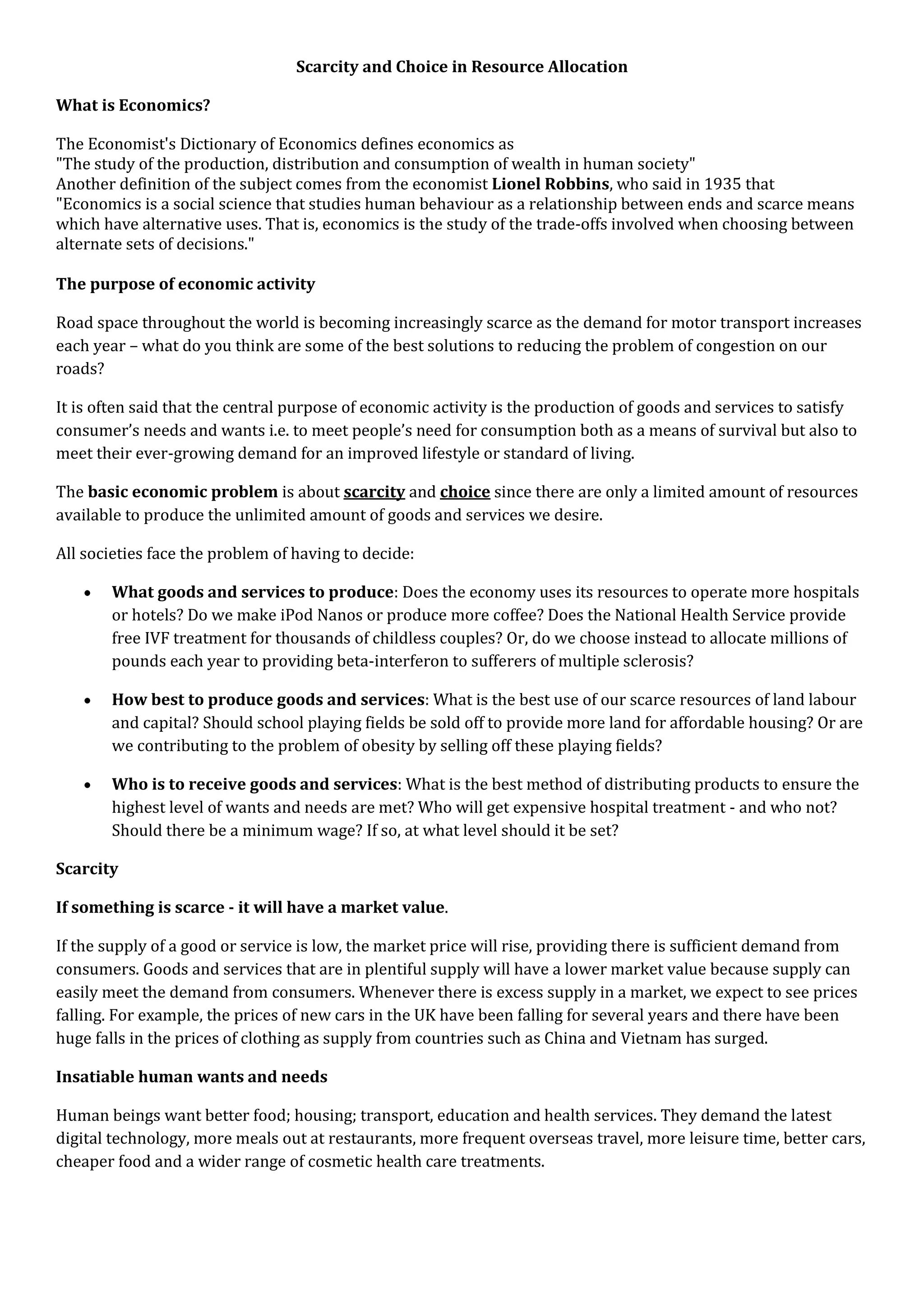 Economics, scarcity, choice | DOCX