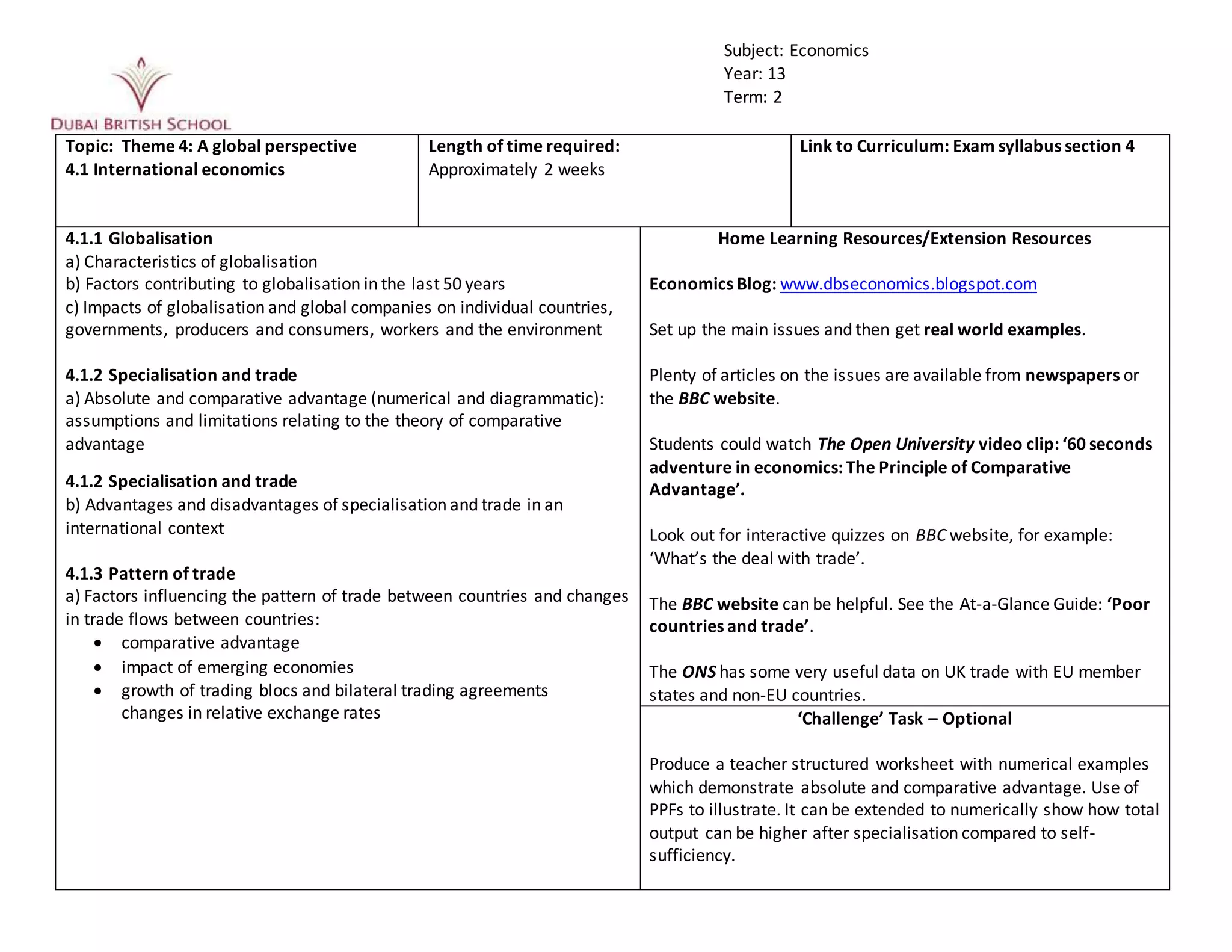 Economics section 4.1 globalisation | DOCX