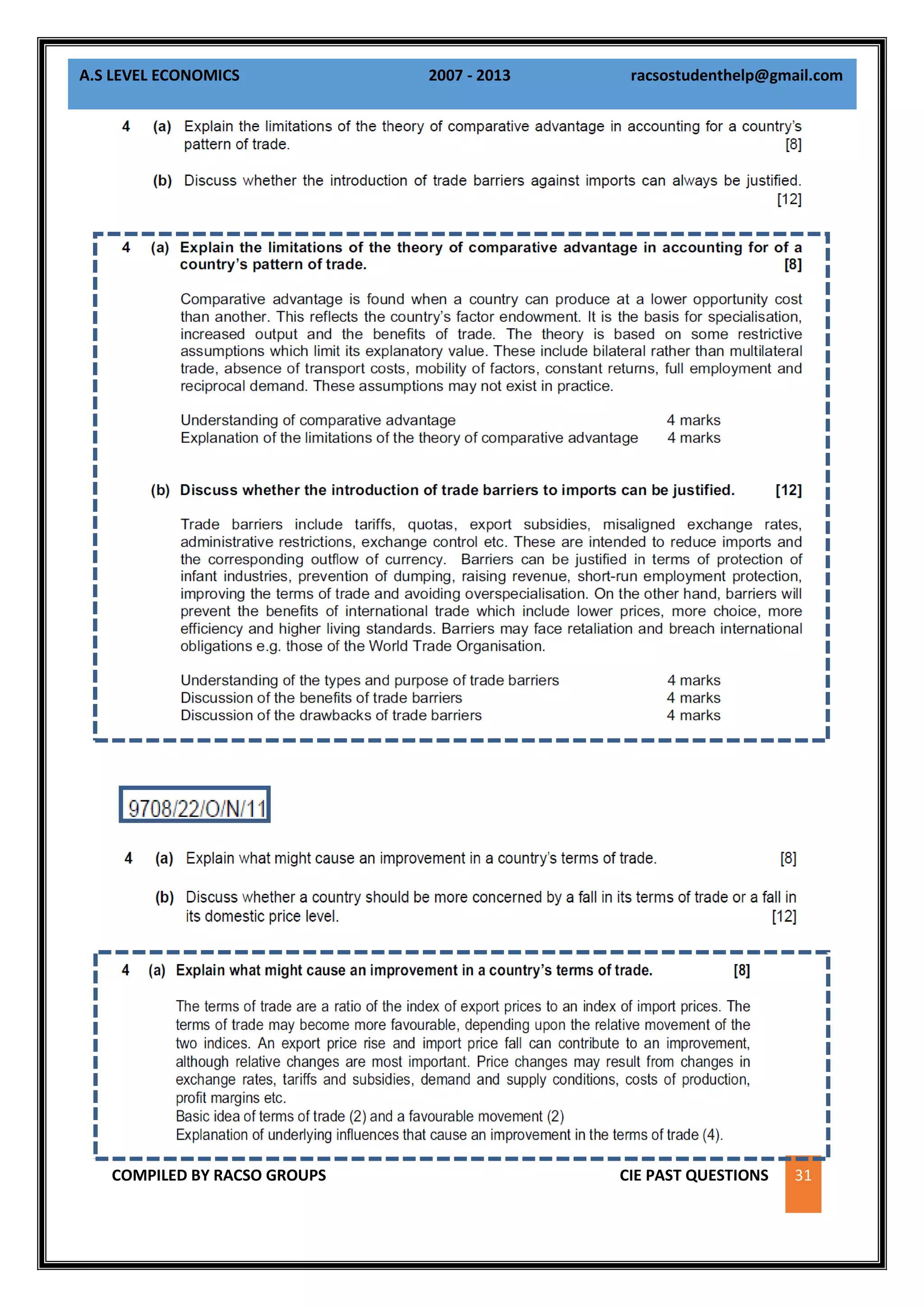 AS level economics, cambridge examinations compiled questions with ...