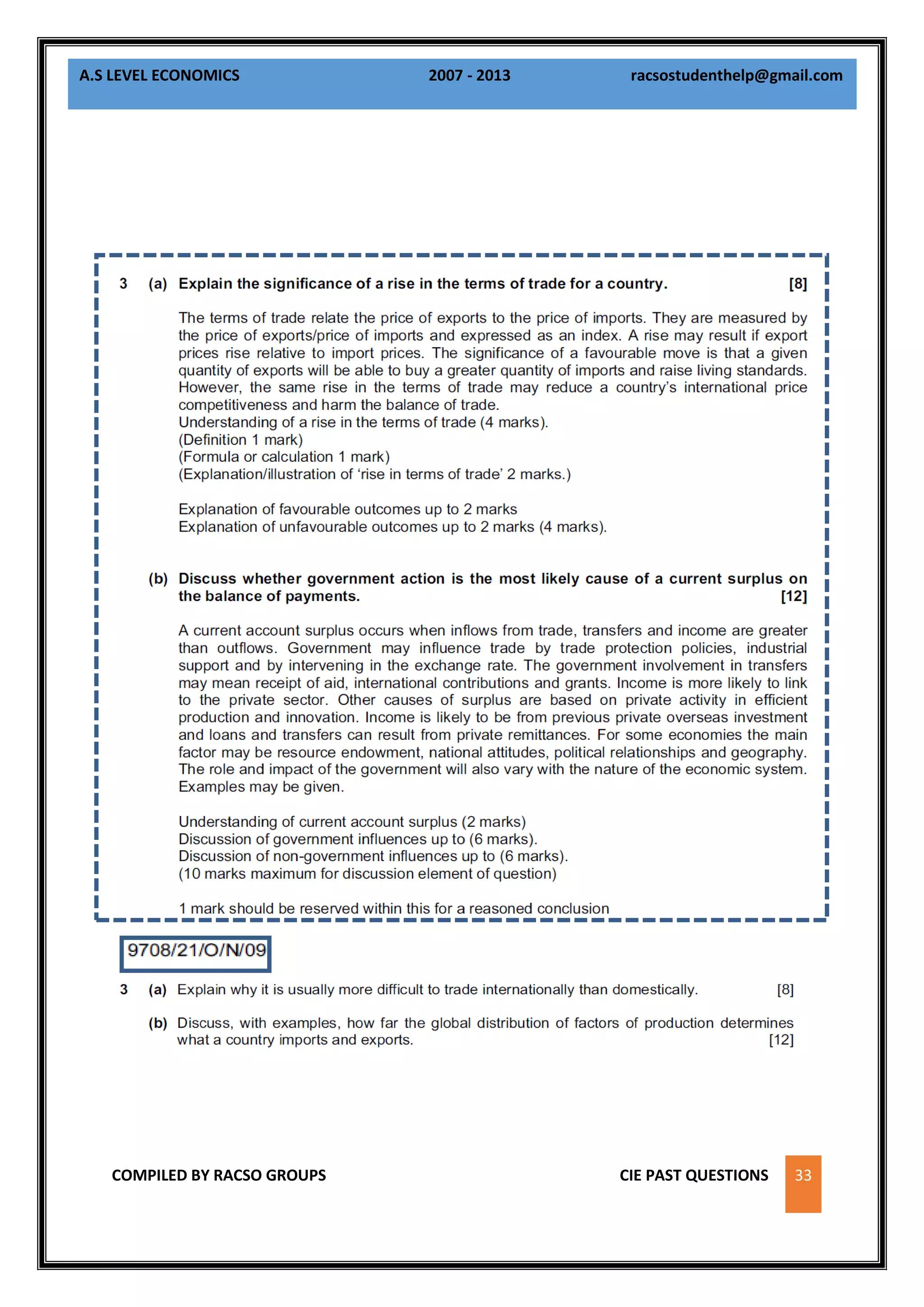 AS level economics, cambridge examinations compiled questions with ...