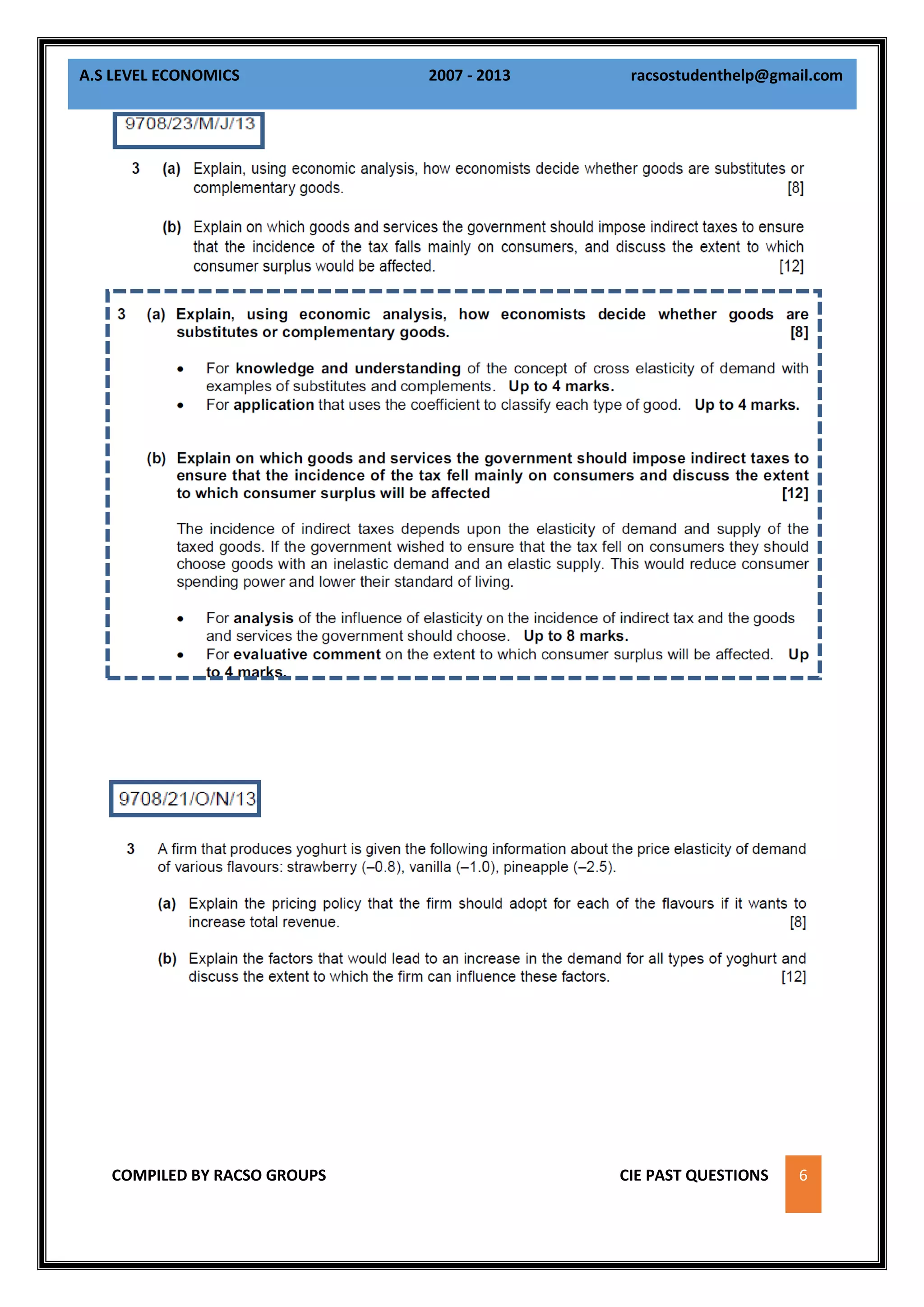 AS level economics, cambridge examinations compiled questions with ...