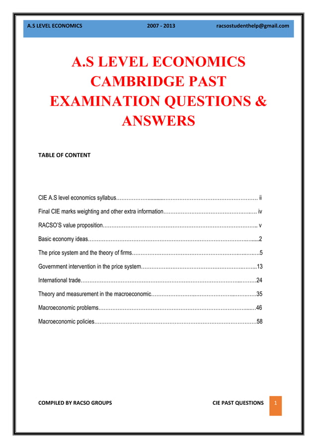 AS level economics, cambridge examinations compiled questions with answers | PDF