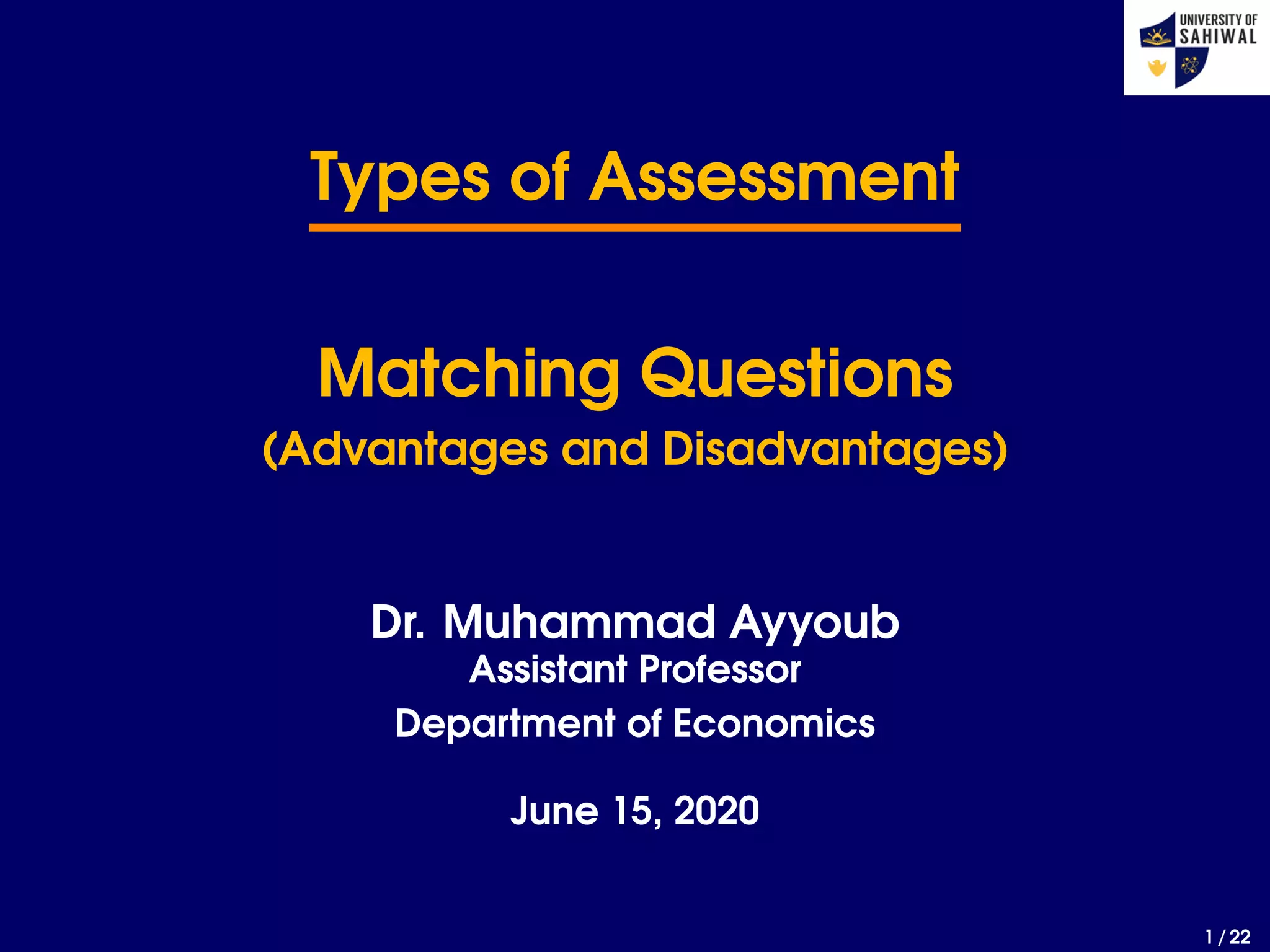 Types of Assessment: Matching Questions | PDF
