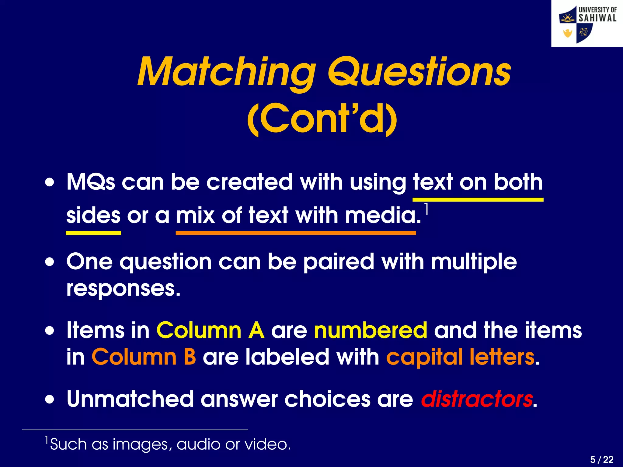 Types of Assessment: Matching Questions | PDF