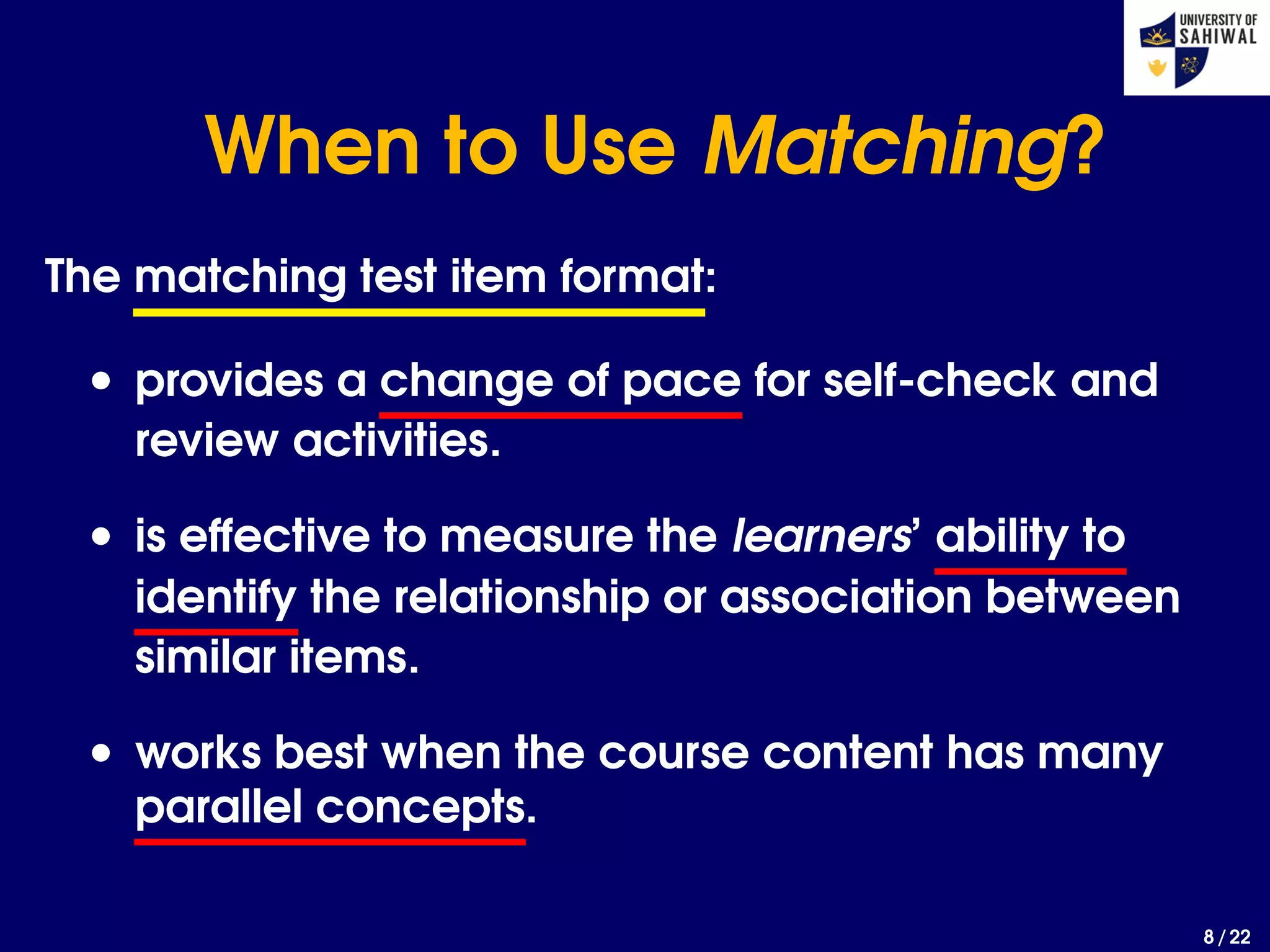 Types of Assessment: Matching Questions | PDF