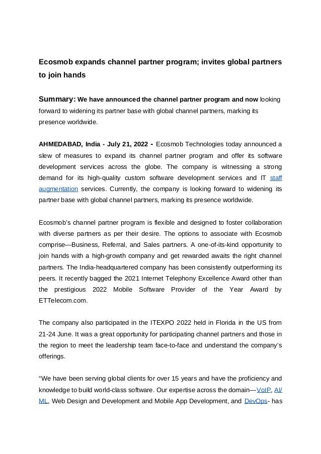 Ecosmob expands channel partner program; invites global partners to ...