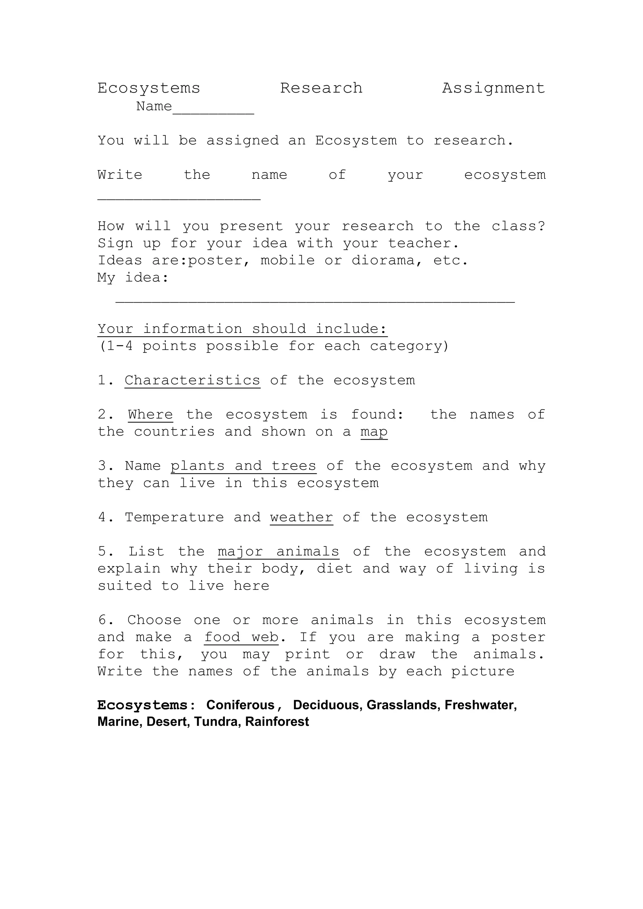 Ecosystems research assignment | DOCX