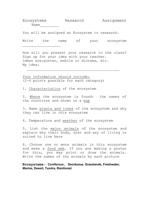 Ecosystems research assignment | DOCX
