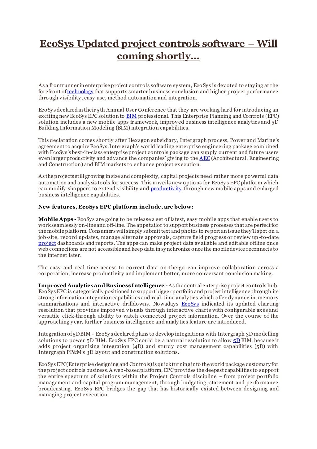 EcoSys Updated project controls software – Will coming shortly........