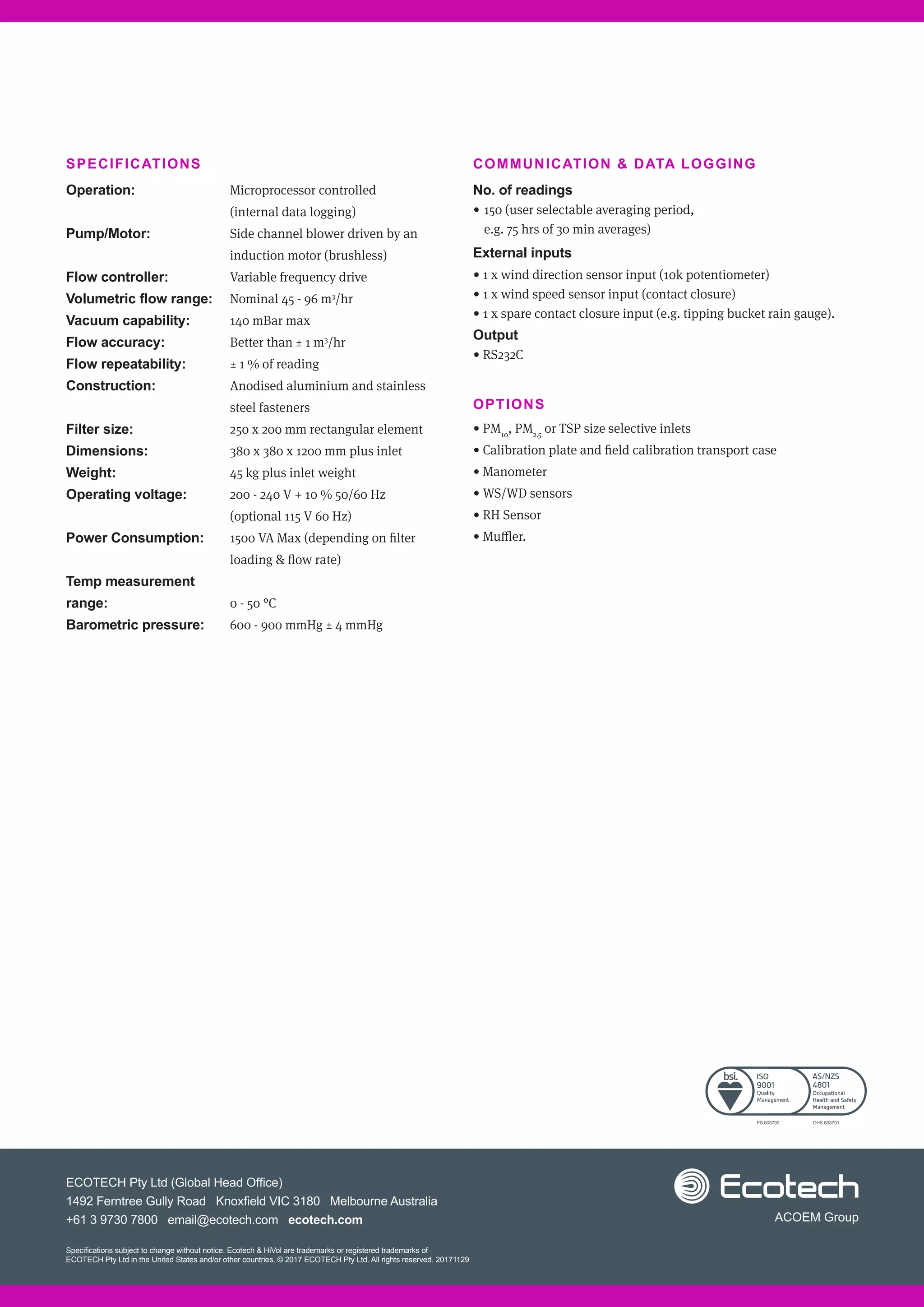 Ecotech hi vol-3000-spec-sheet-20171130 | PDF