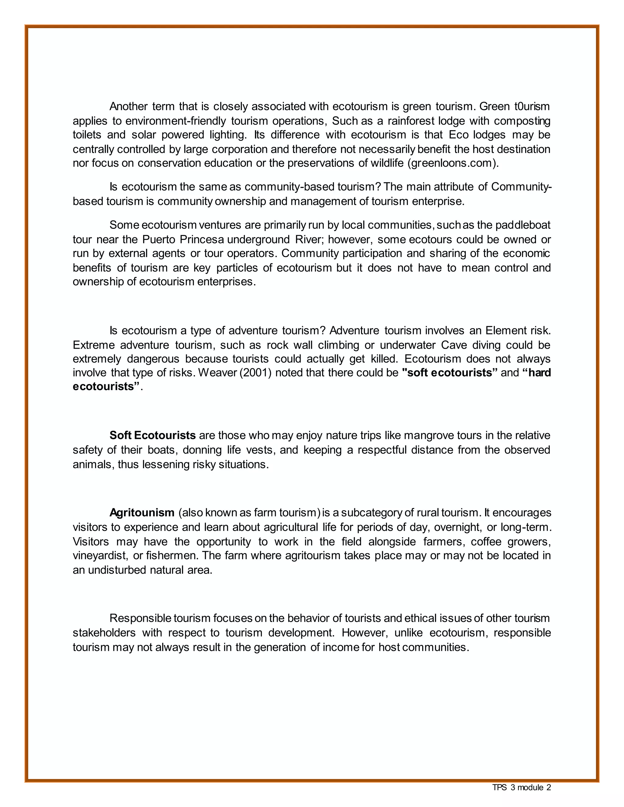 Ecotourism Management 2 Docx Travel Type Travel