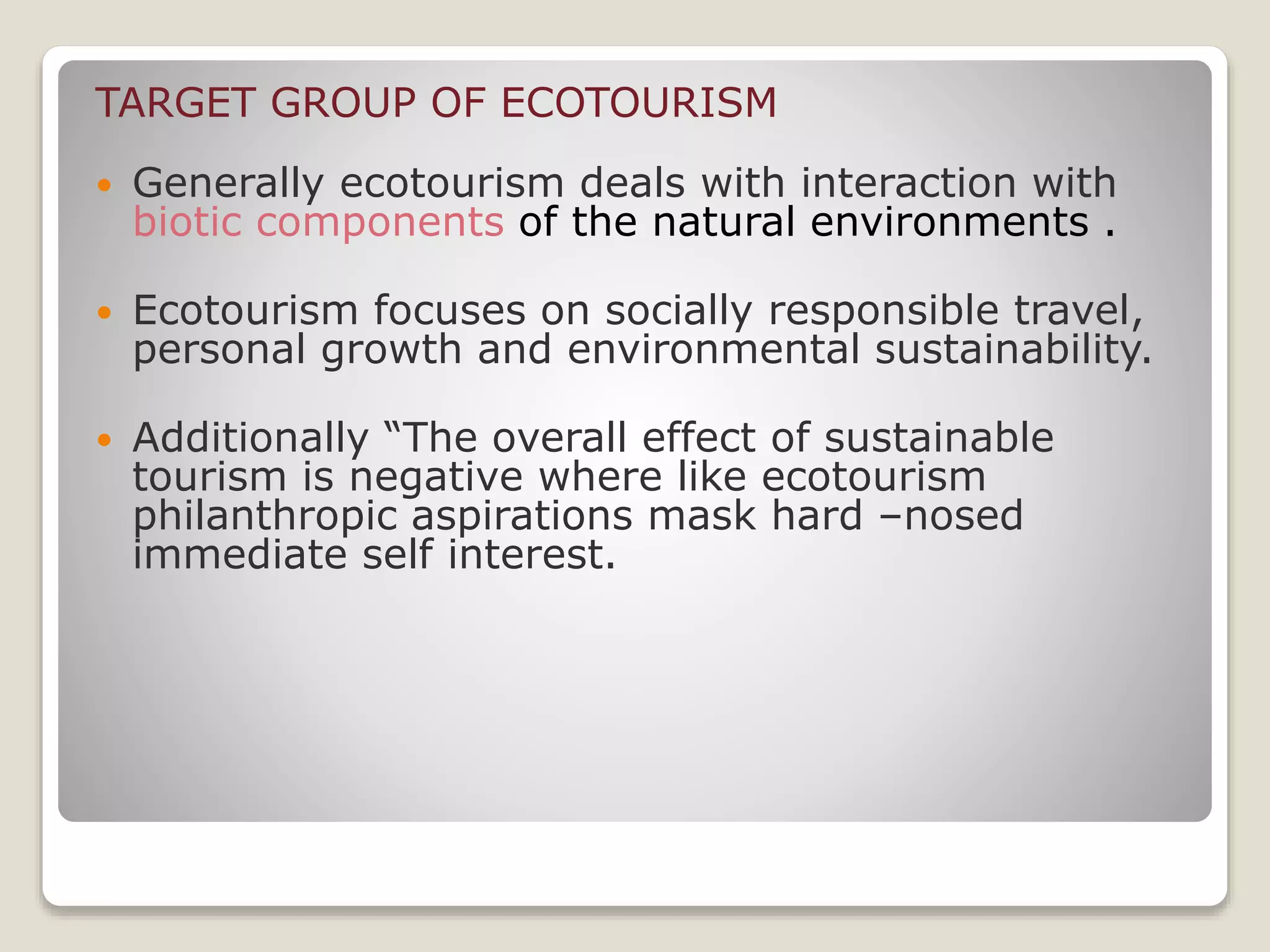 Ecotourism ppt vishnupriya | PPTX | Travel