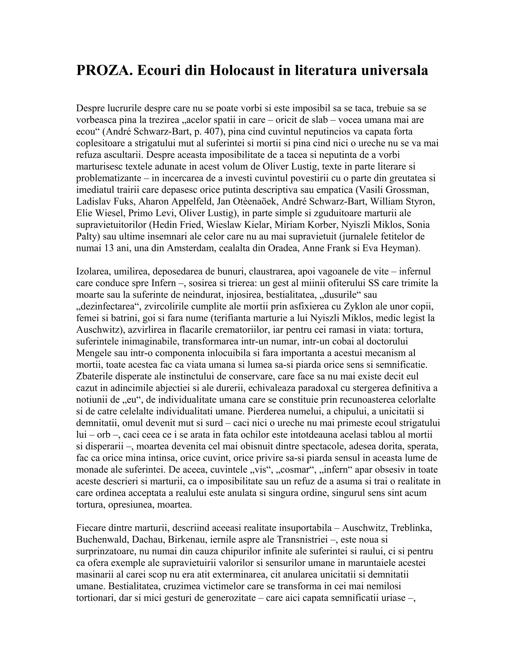 Ecouri din holocaust in literatura universala | DOC