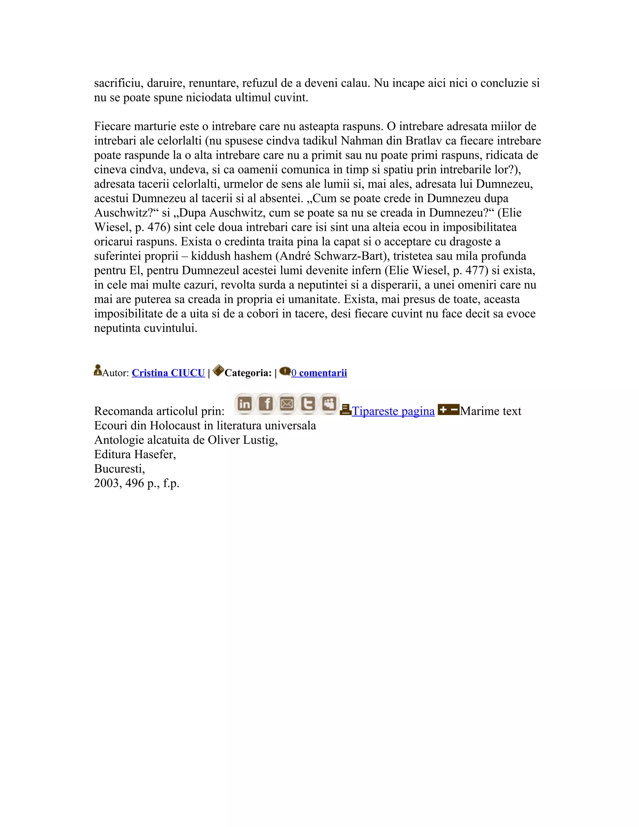Ecouri din holocaust in literatura universala | DOC