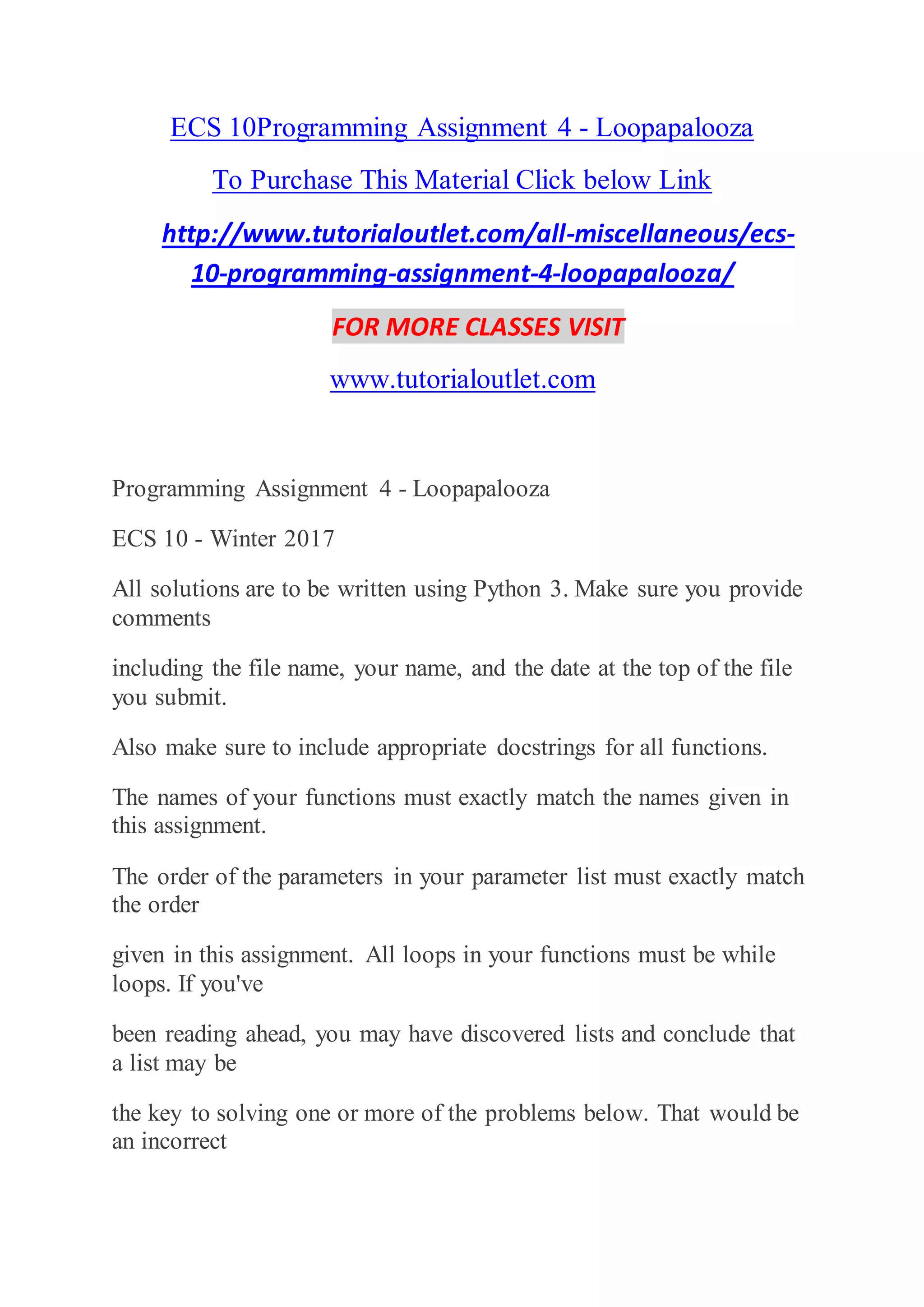 Ecs 10 programming assignment 4 loopapalooza | PDF