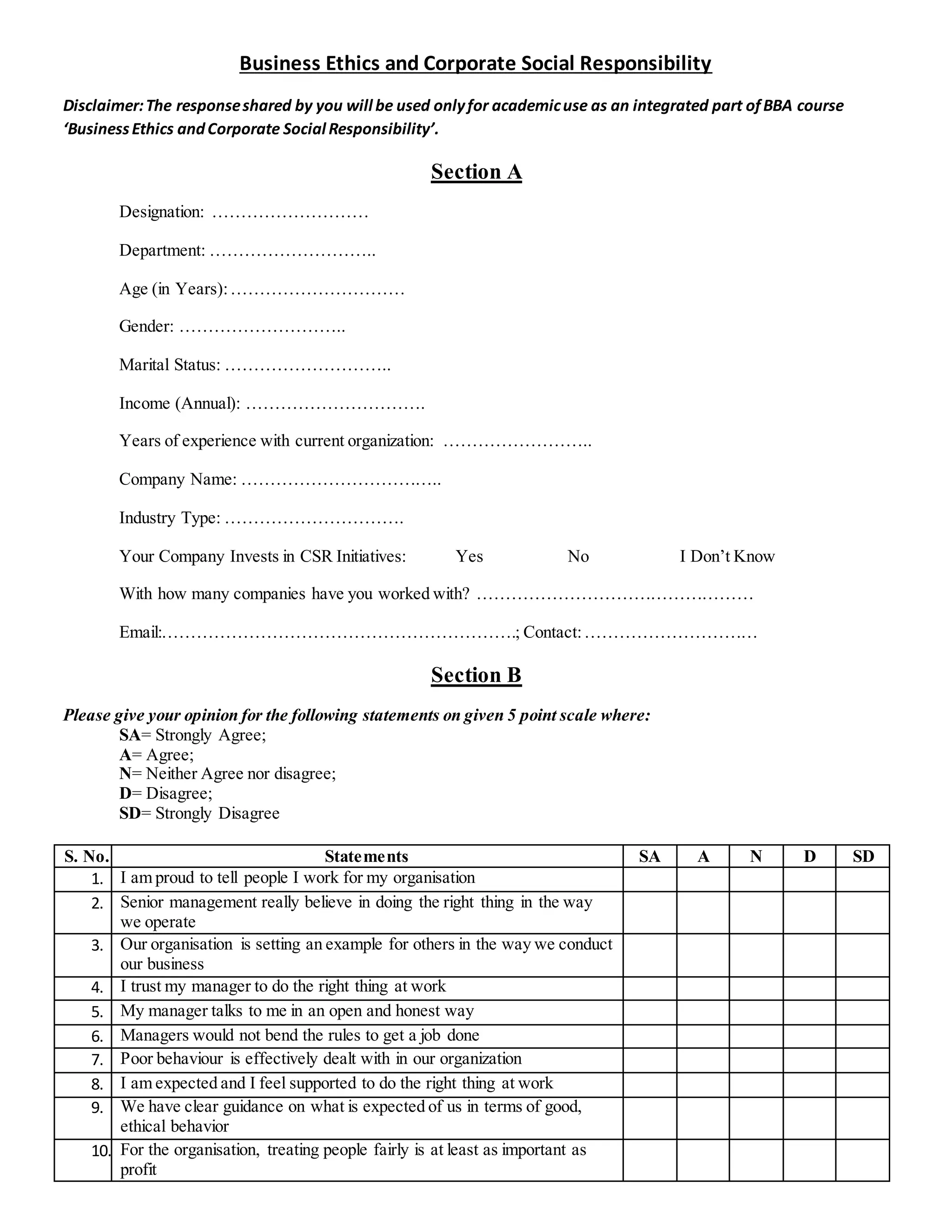 Ethics & Corporate Social Responsibility questionnaire | DOCX