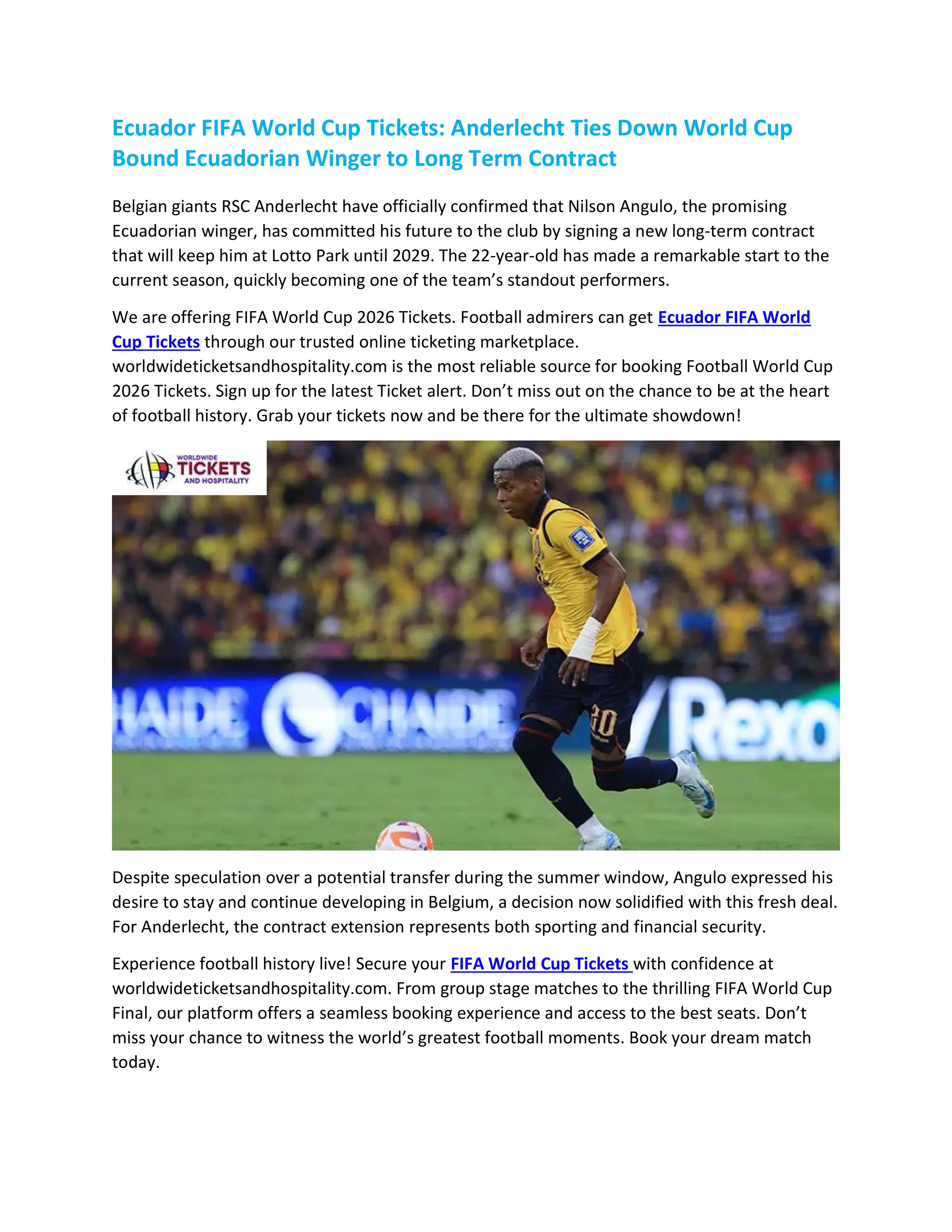 Ecuador FIFA World Cup Tickets Anderlecht Ties Down World Cup Bound ...