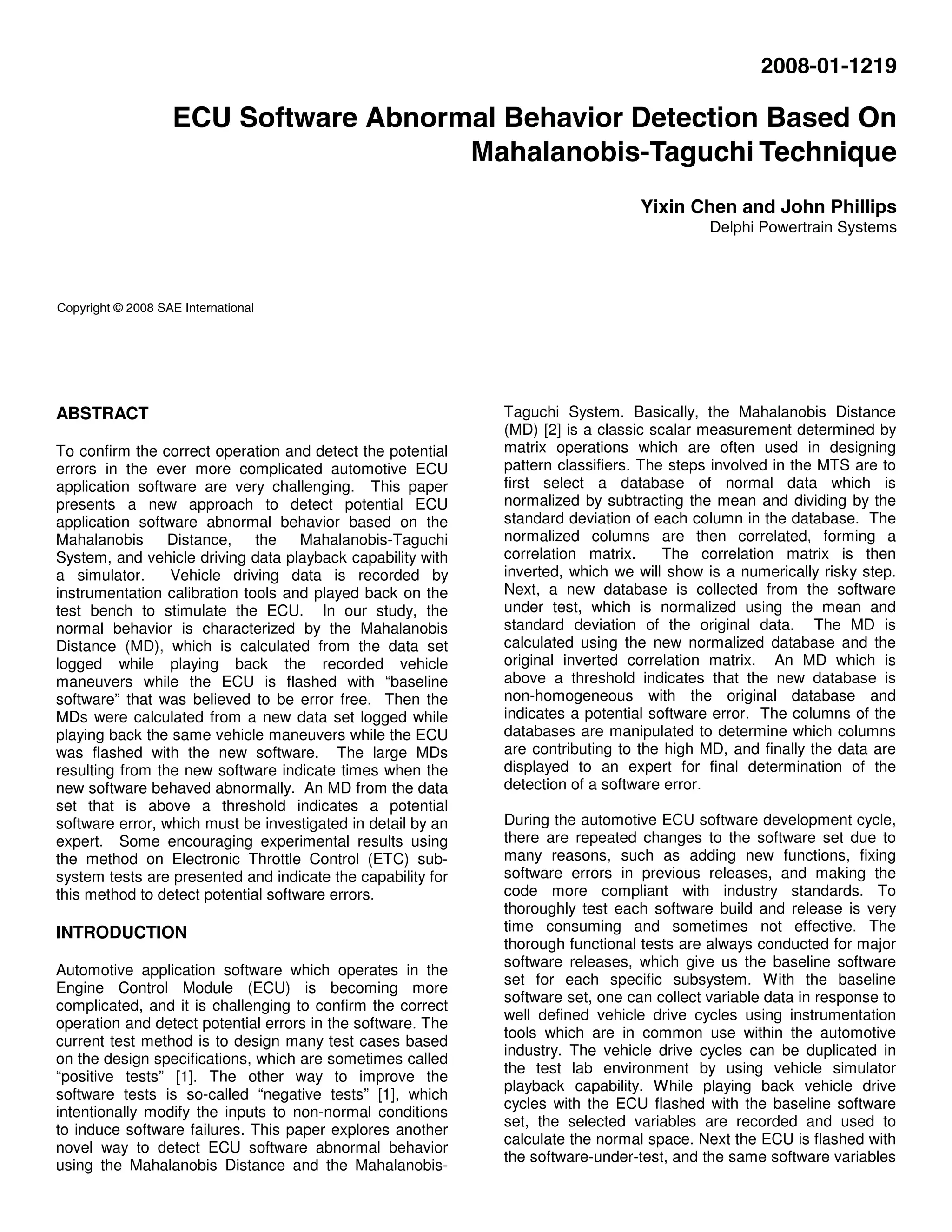 ECU software abnormal behavior detection based on Mahalanobis taguchi technique | PDF
