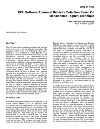 ECU software abnormal behavior detection based on Mahalanobis taguchi technique | PDF