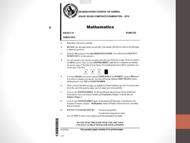 ECZ Grade 7 Maths 2016 Past Paper. | PPTX