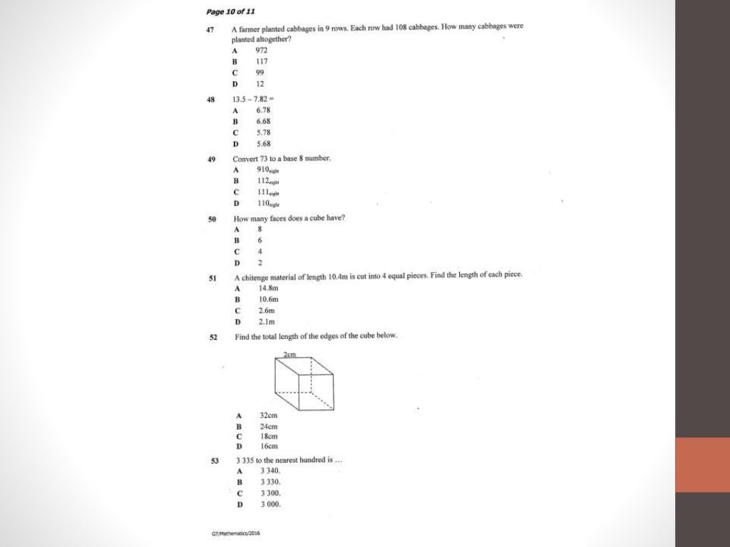 ECZ Grade 7 Maths 2016 Past Paper ECZ Grade 7 Maths 2016 Past Paper