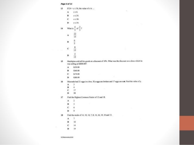 ECZ Grade 7 Maths 2016 Past Paper.