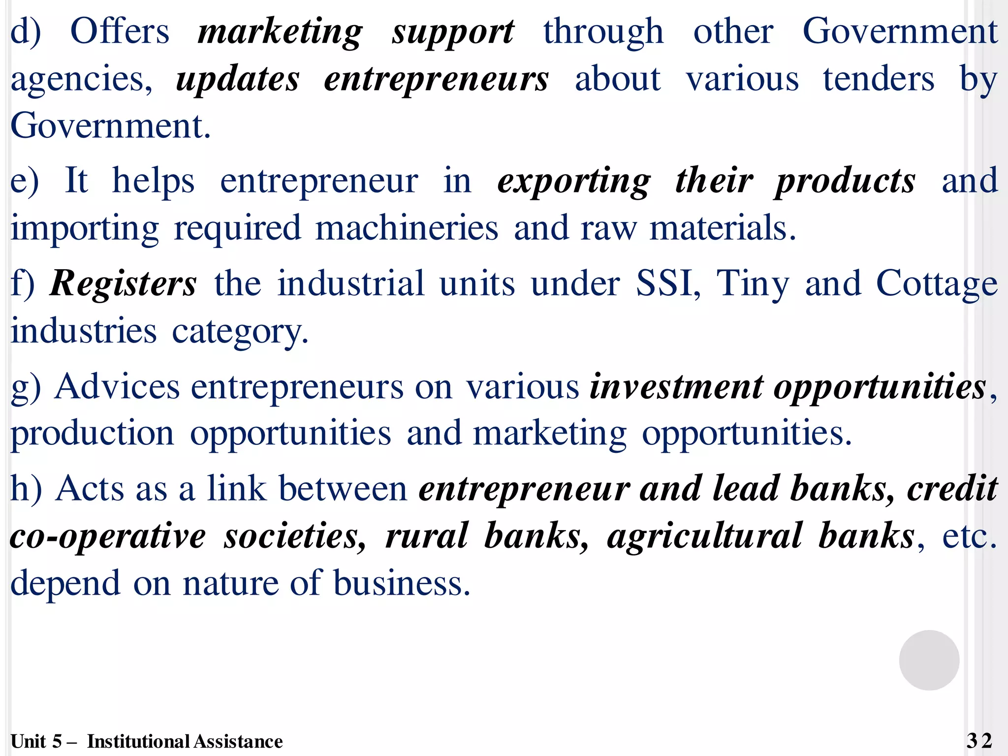 Entrepreneurship development - Institutional Assistance | PDF
