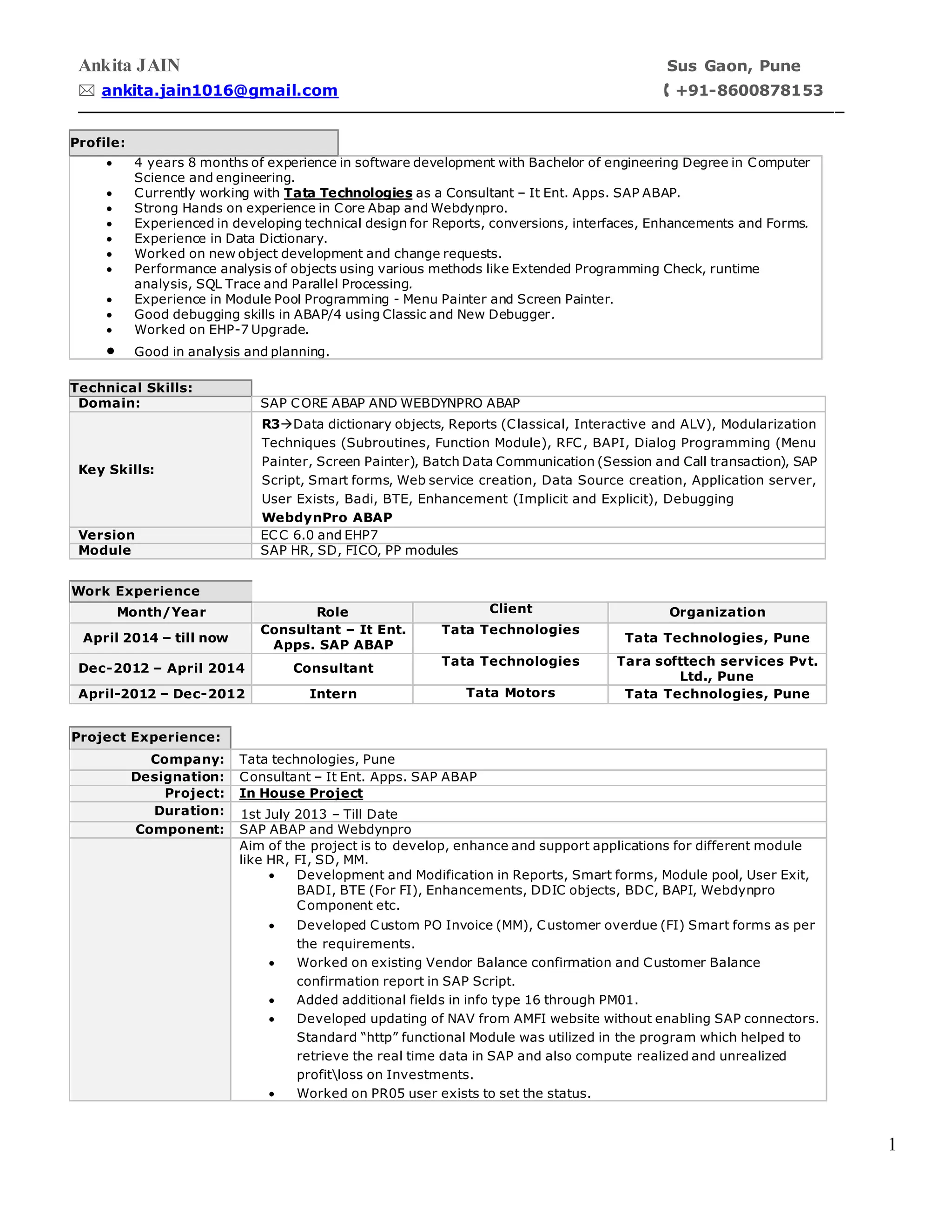 Ankita Jain 4+ years exp in SAP ABAP | DOCX