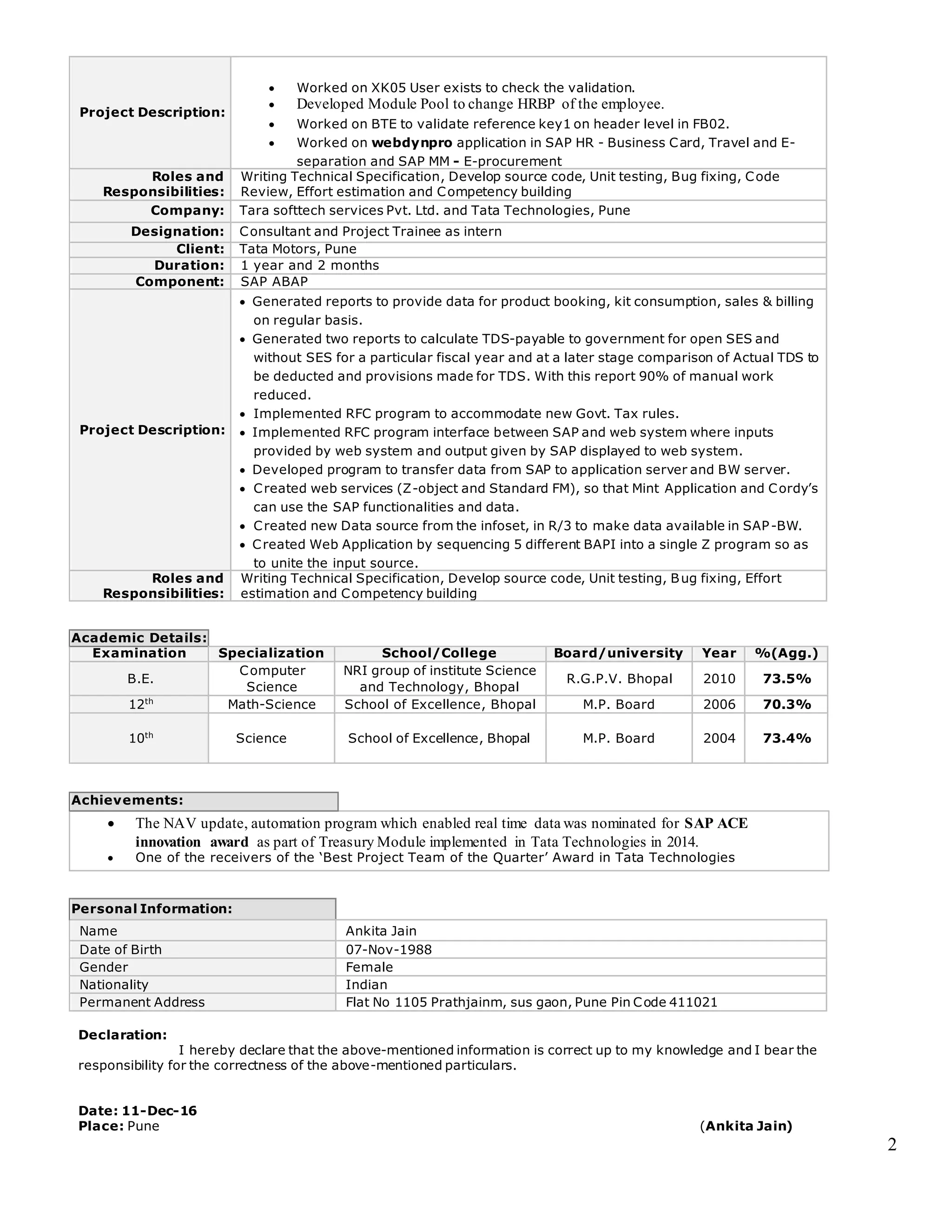 Ankita Jain 4+ years exp in SAP ABAP | DOCX