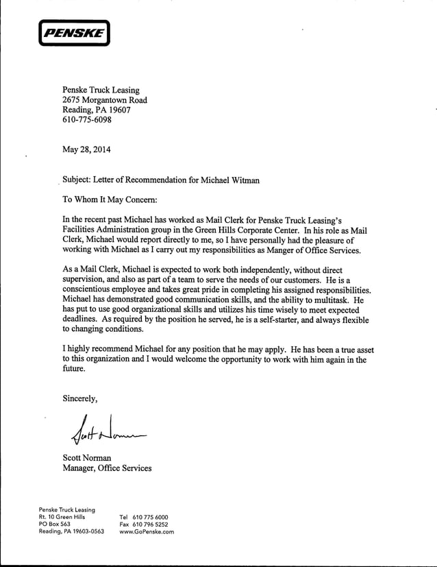 Michael Witman's Letter of Recommendation | PDF