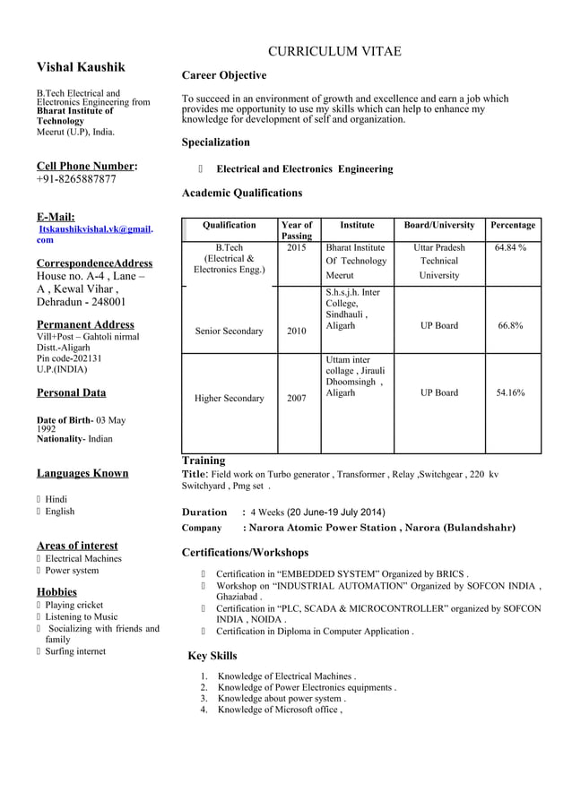 VISHAL KAUSHIK SHIFT ENGINEER | PDF