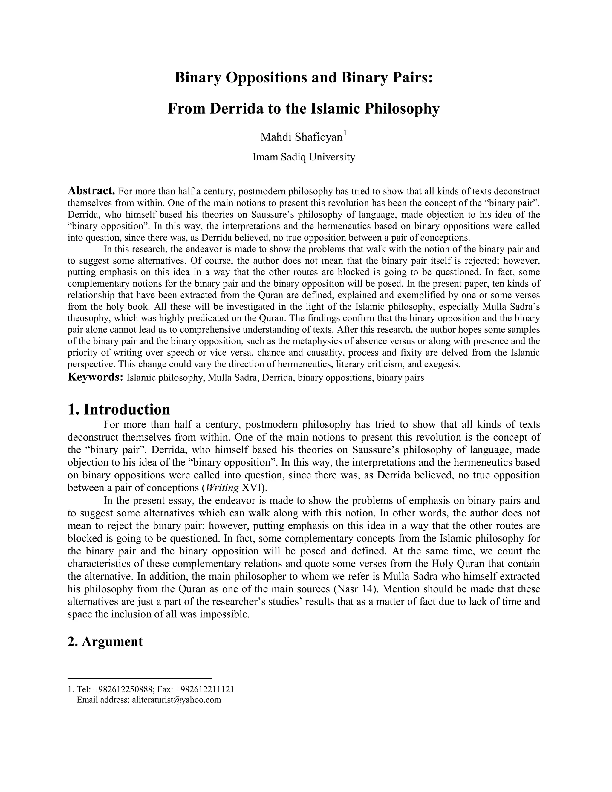 Binary Oppositions and Binary Pairs From Derrida to the Islamic Philosophy | PDF