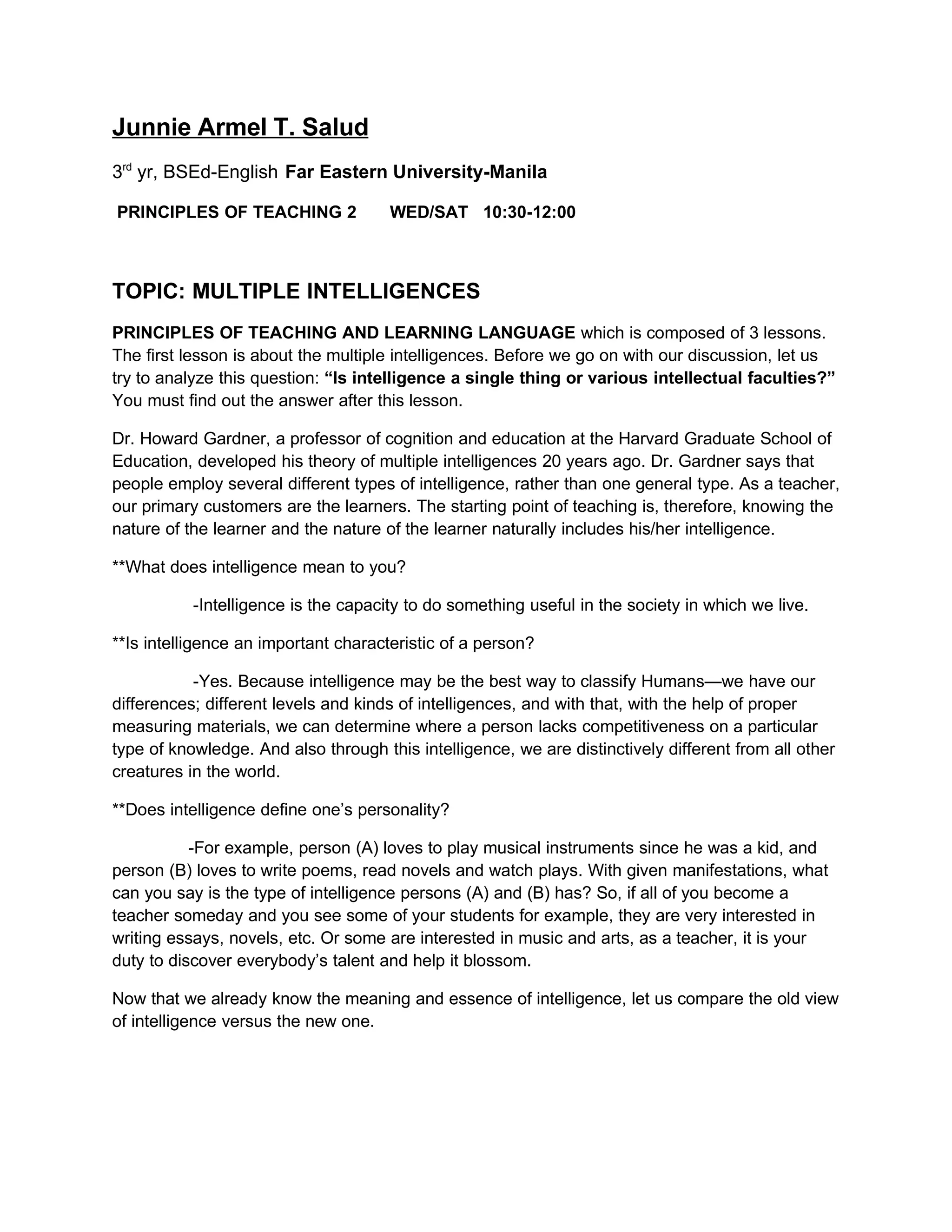 PRINCIPLES OF TEACHING: Multiple Intelligences | PDF