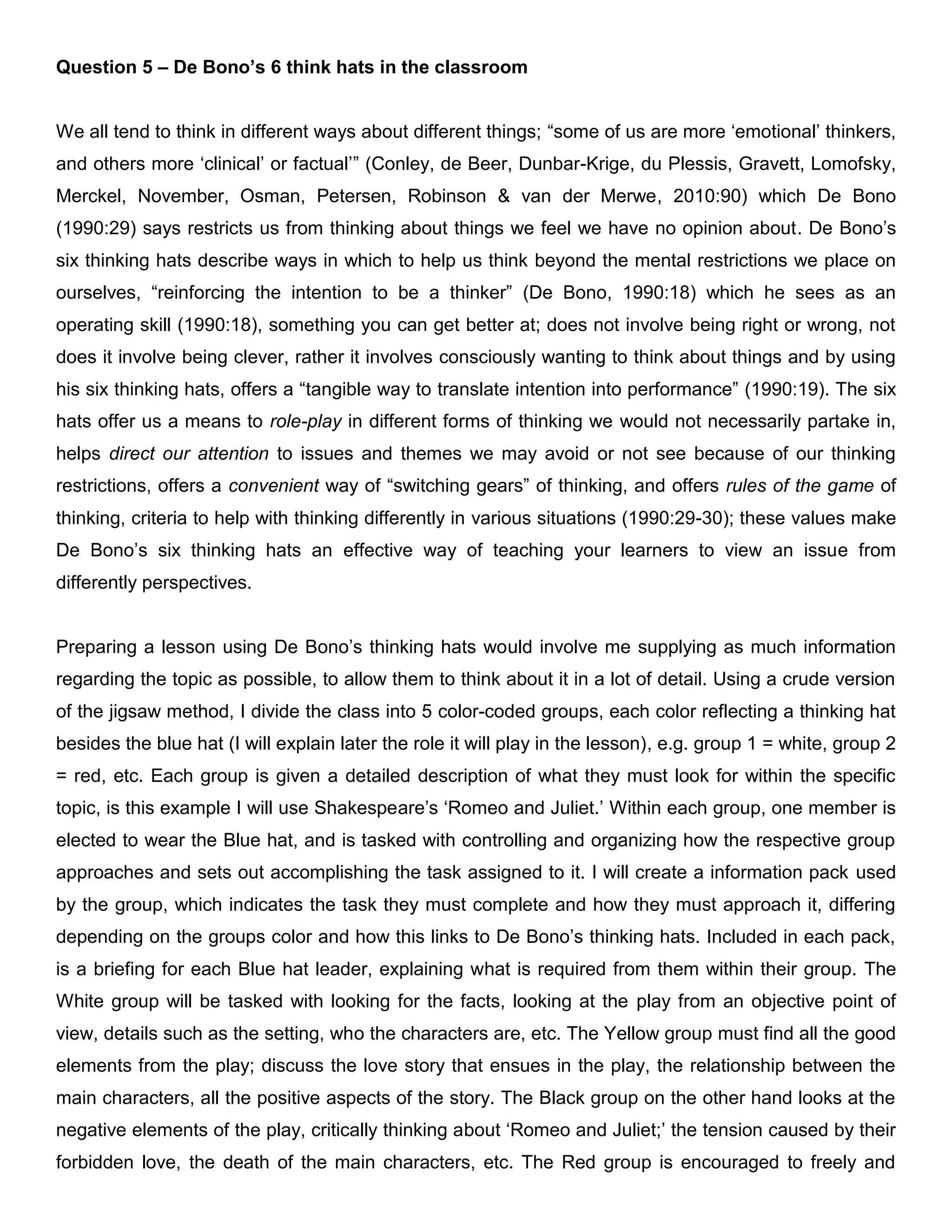 De Bono’s 6 think hats in the classroom | PDF