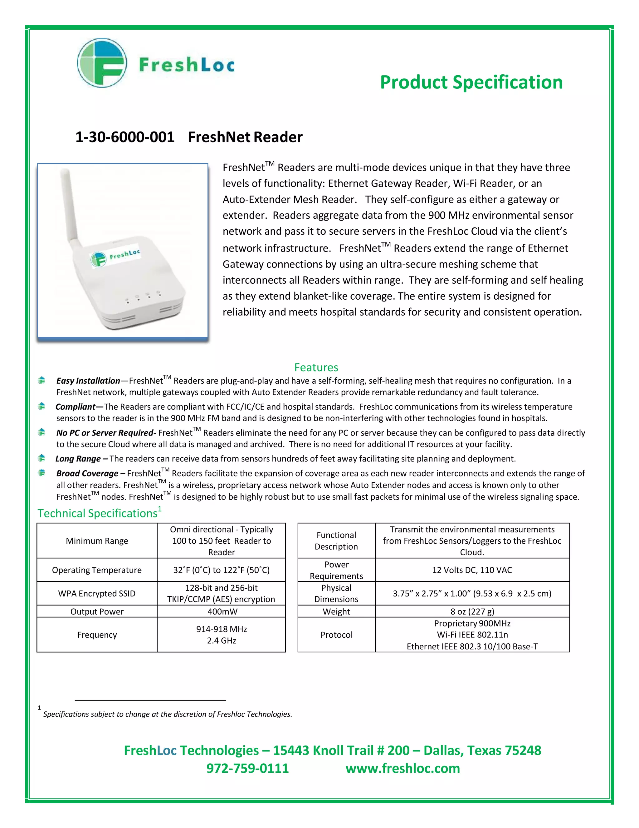 FreshLoc Core Product Specifications | PDF