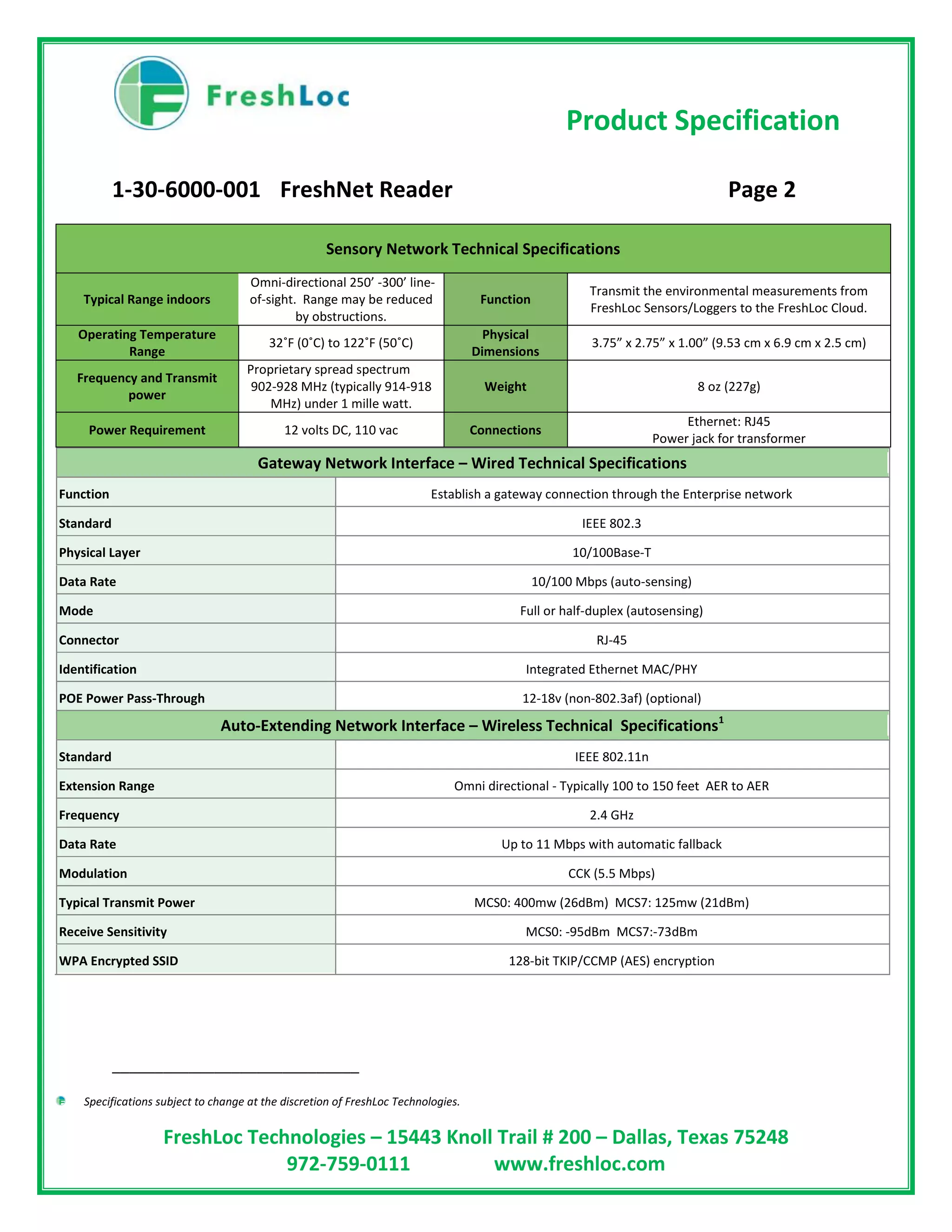 FreshLoc Core Product Specifications | PDF