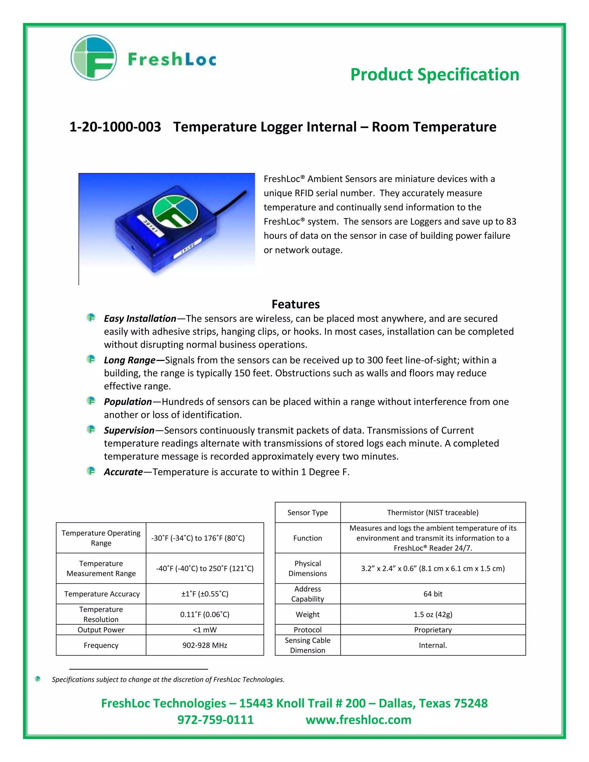 FreshLoc Core Product Specifications | PDF