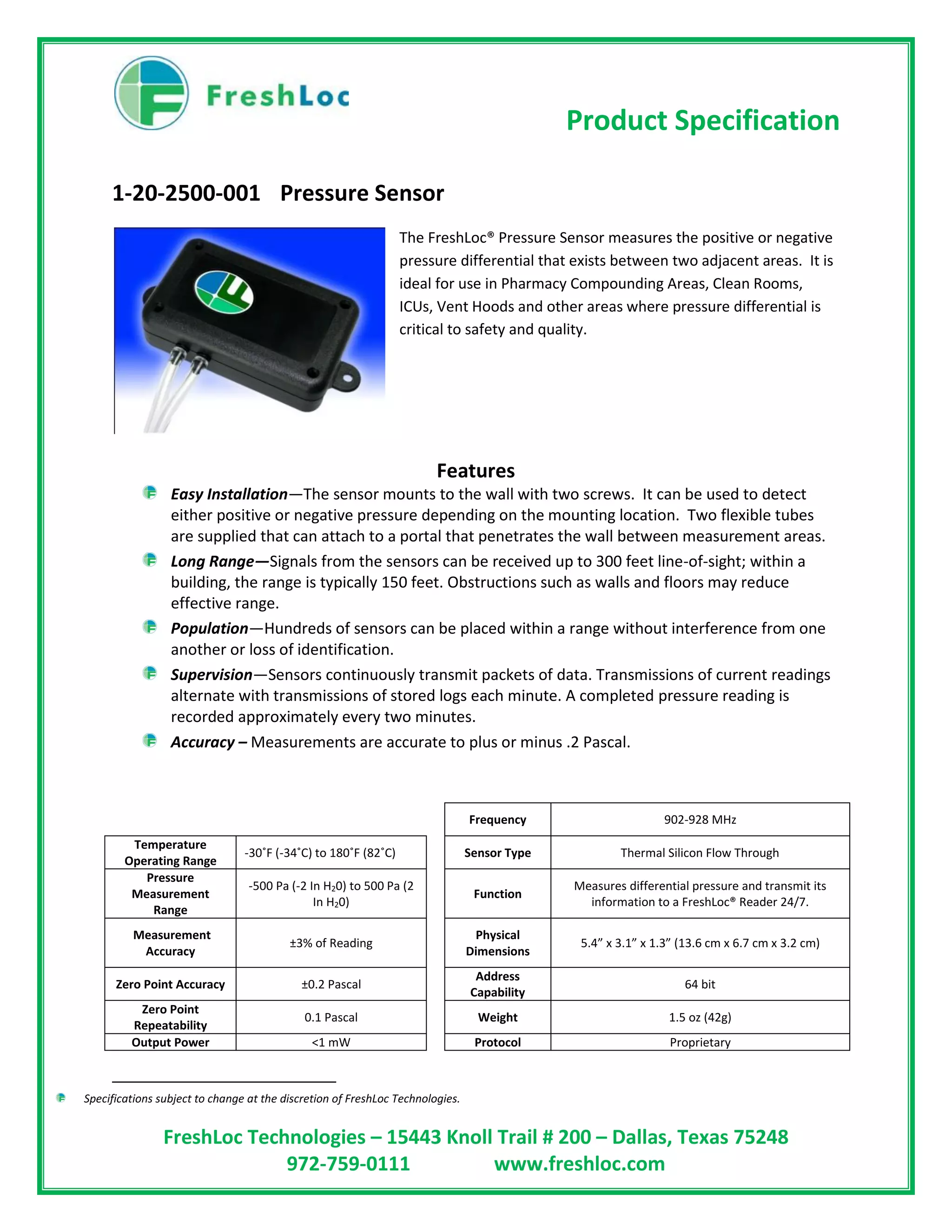 FreshLoc Core Product Specifications | PDF