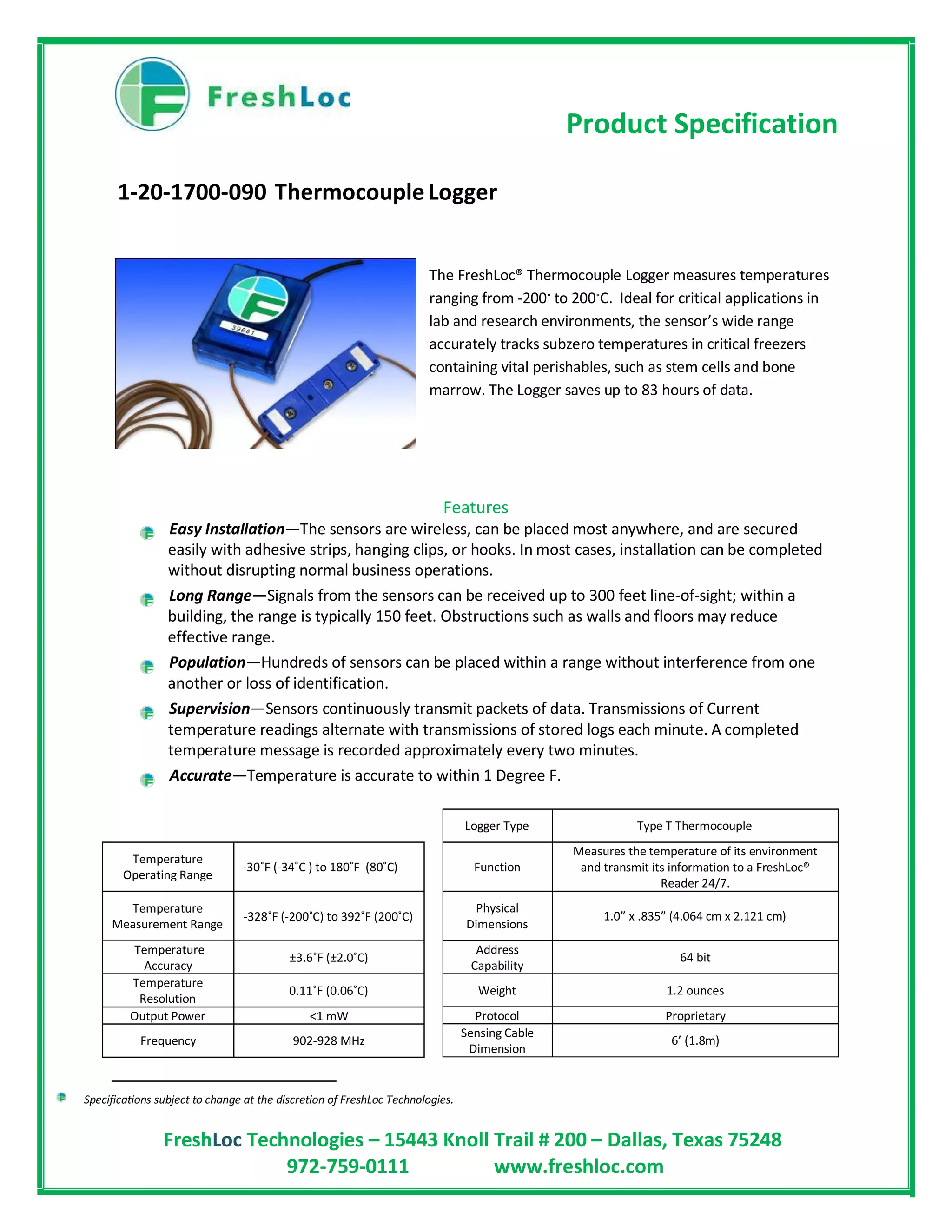 FreshLoc Core Product Specifications | PDF