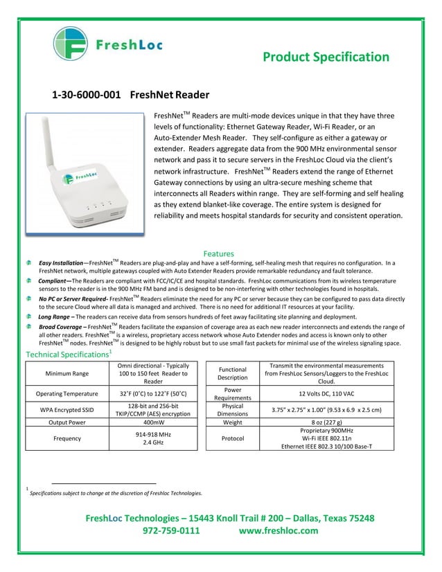 FreshLoc Core Product Specifications | PDF | Computer Networking | Computing