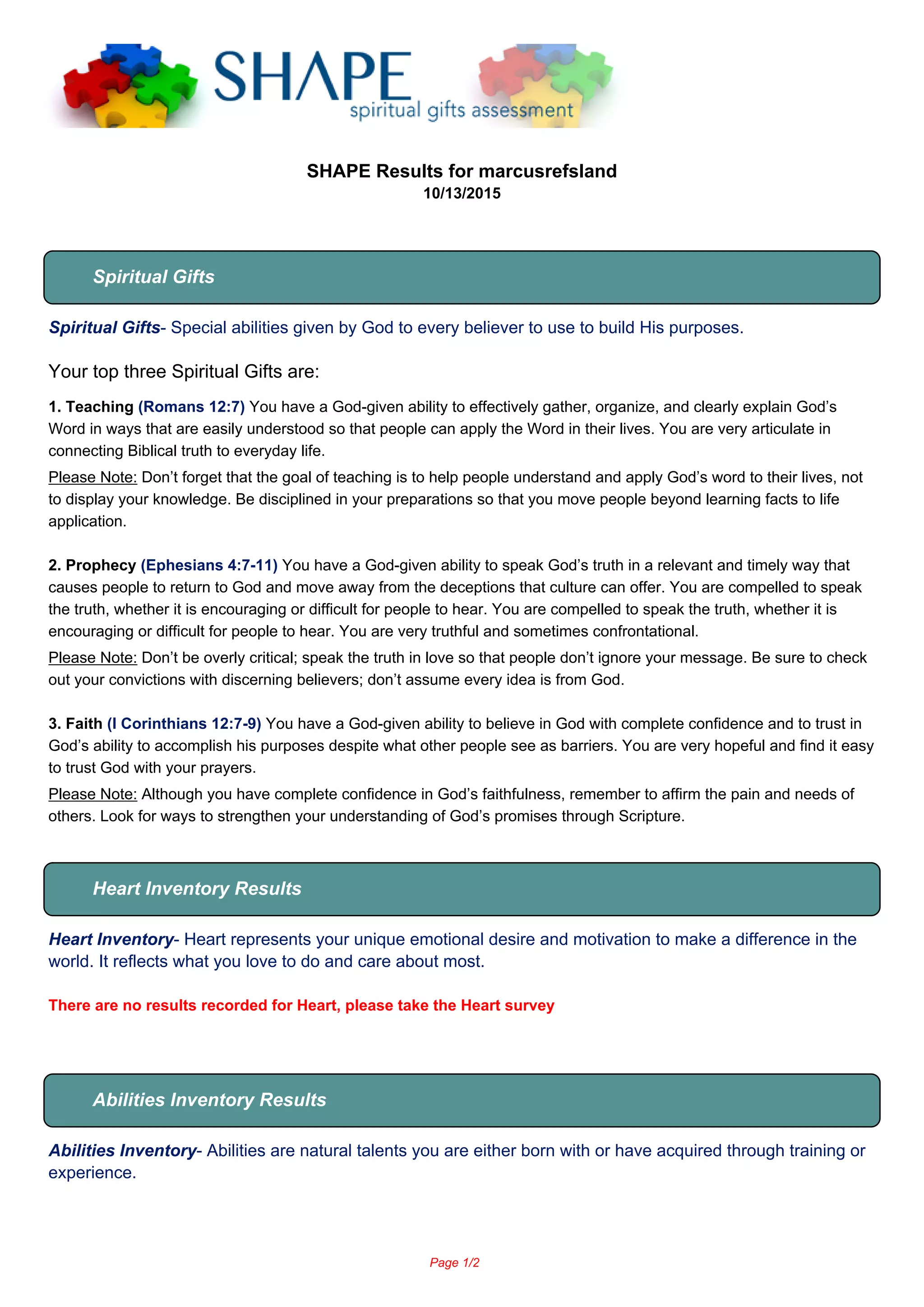 SHAPE Spiritual Gifts Test | PDF