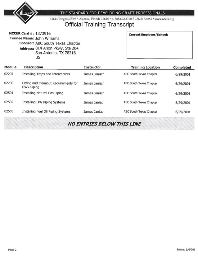 NCCER Transcripts 2 | PDF
