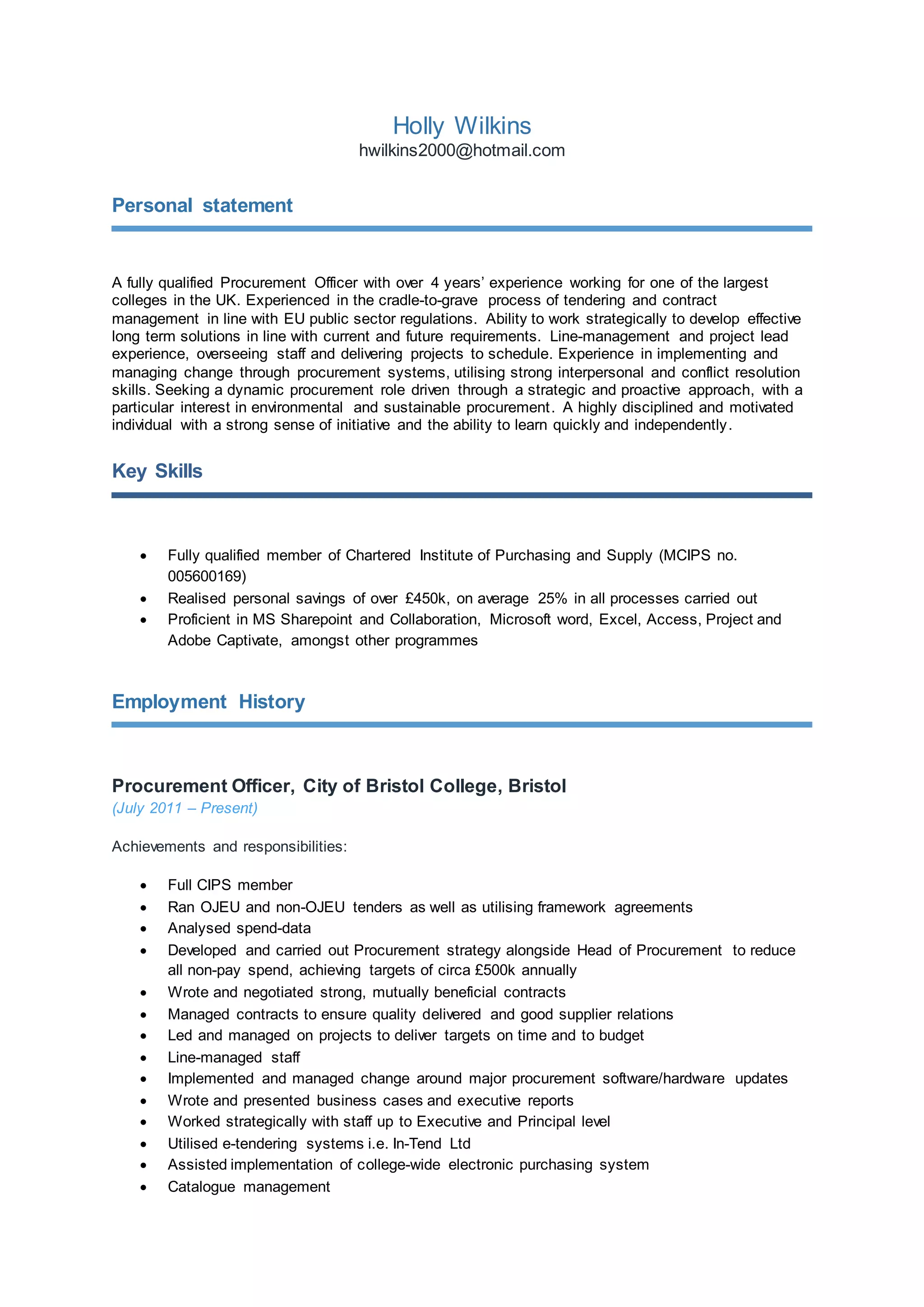 Holly Wilkins CV2 | DOCX | Business Administration | Business