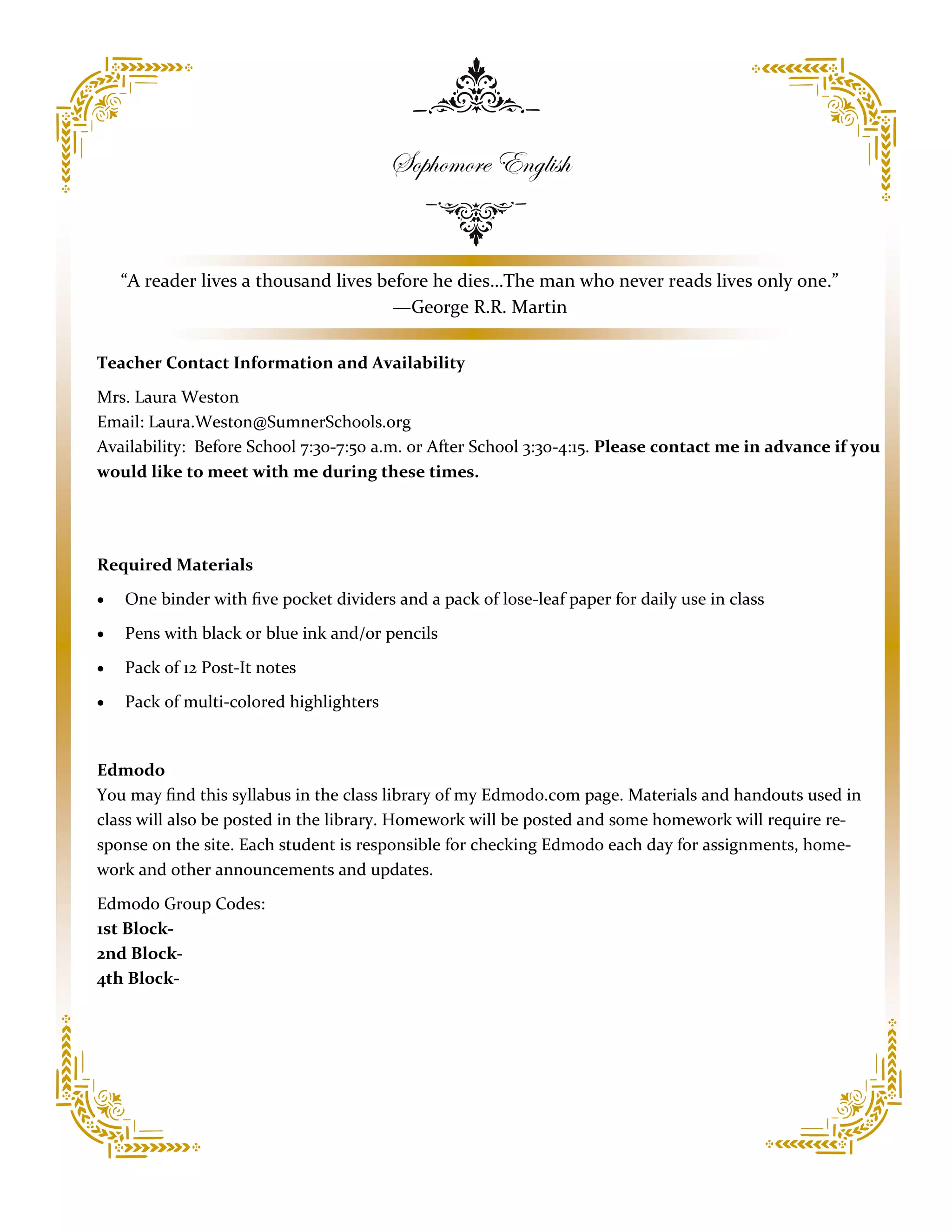 Sophomore Honors English | PDF