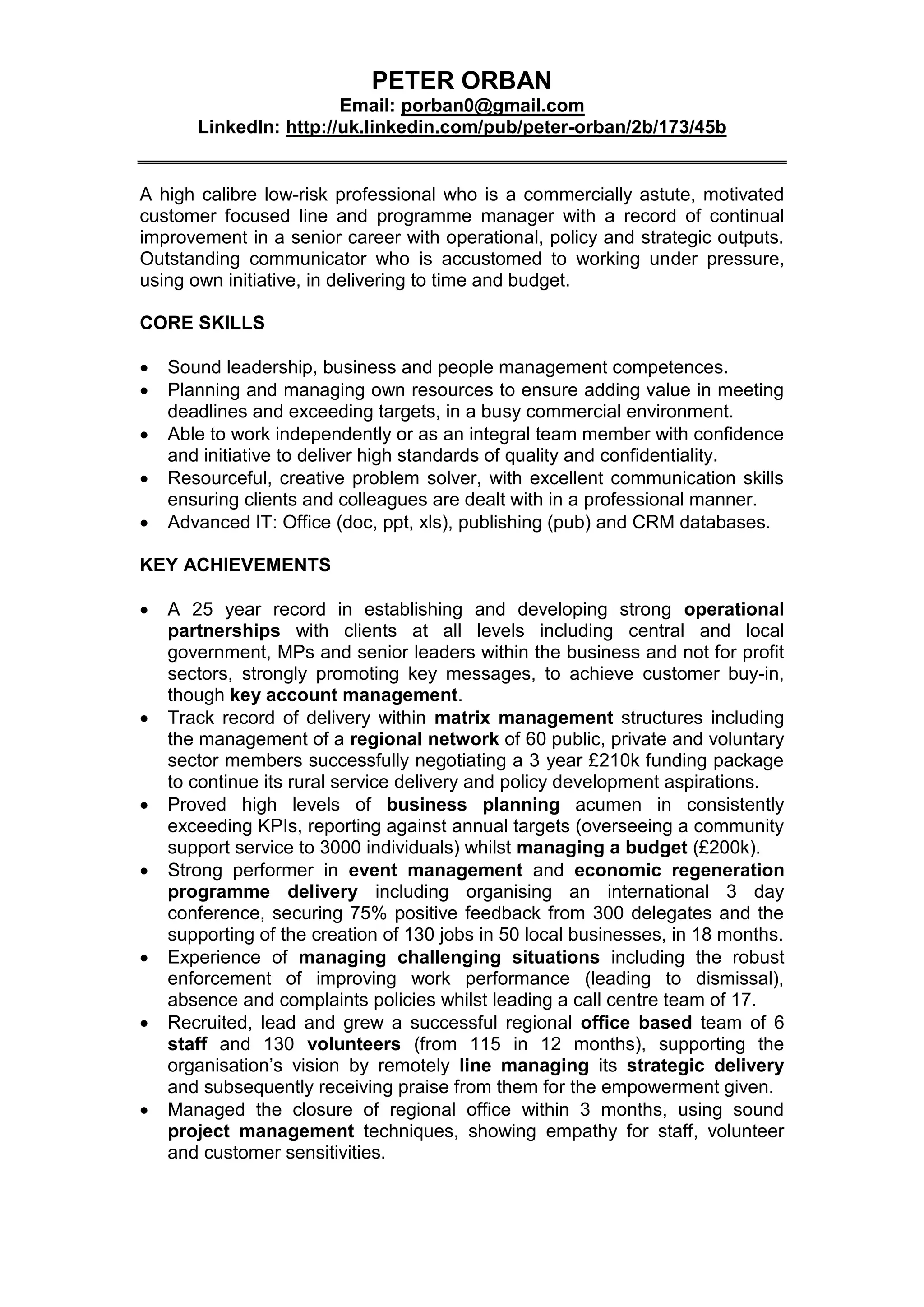 Peter Orban LinkedIn CV August 2016 | PDF