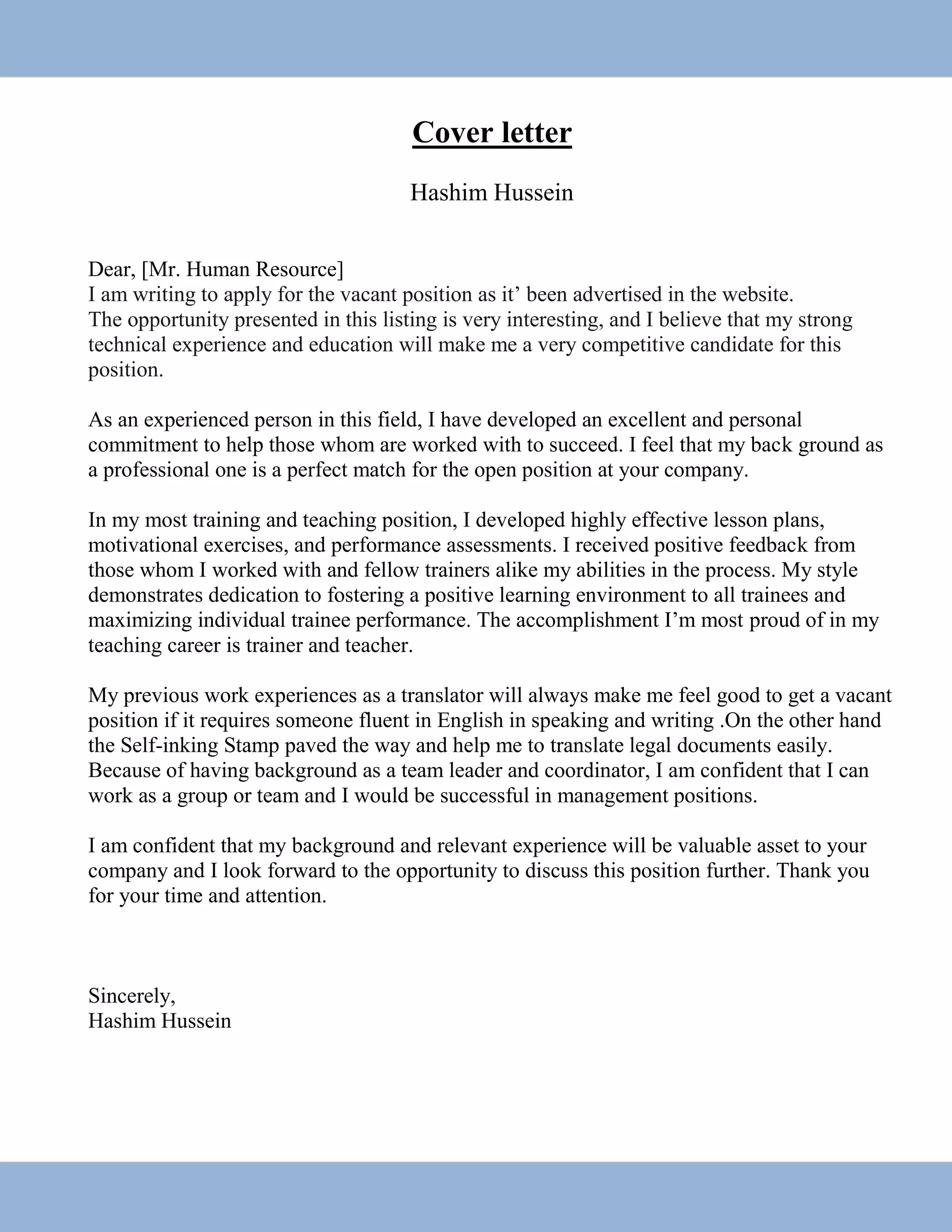 Hashim's Cover letter | PDF